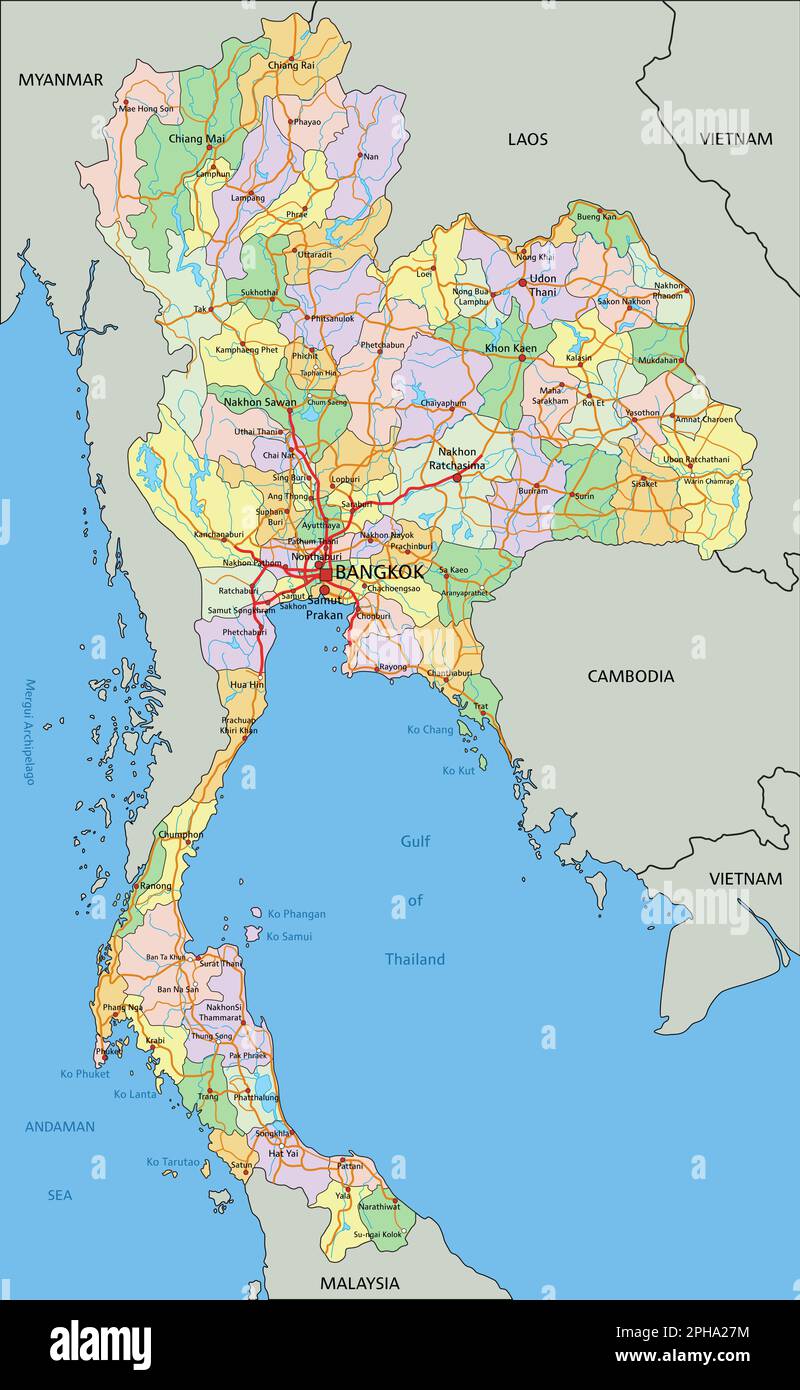 Thailand - Highly detailed editable political map with labeling Stock ...