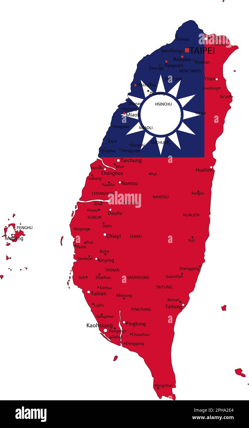 Taiwan highly detailed political map with national flag isolated on ...