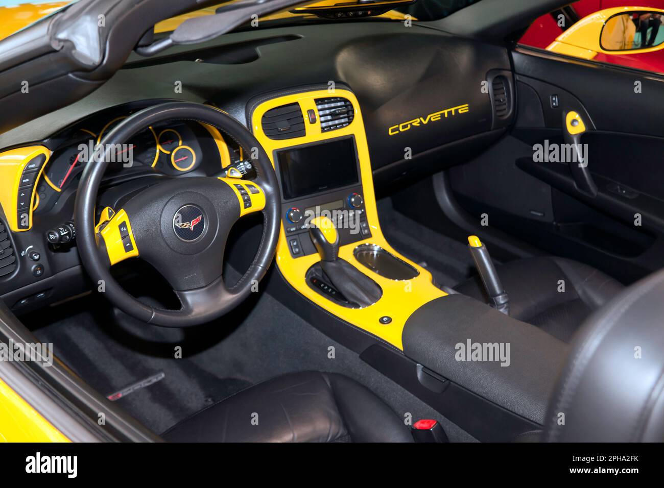 Close-up of the Cockpit derails of a C6 Chevrolet Corvette, on display ...