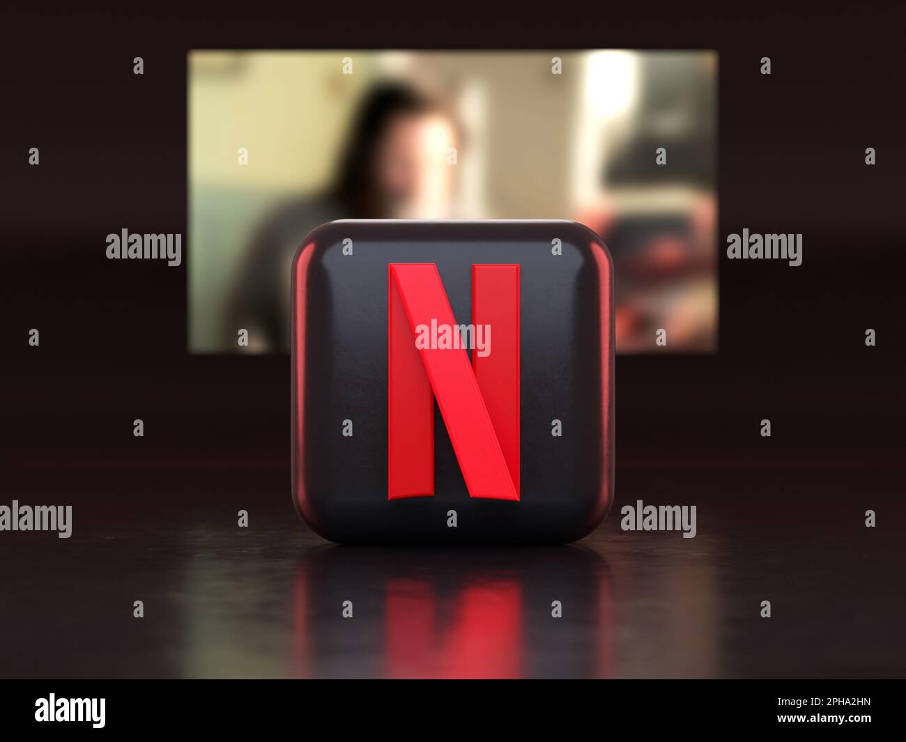 Valencia, Spain - March, 2023: Netflix app logo in front of a TV screen ...
