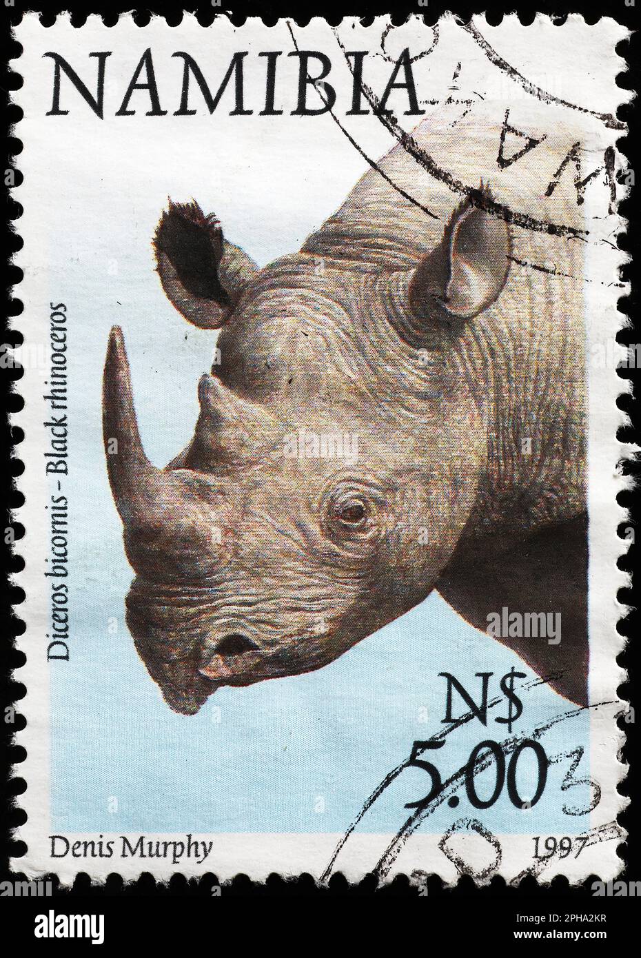 Black rhino on postage stamp of Namibia Stock Photo - Alamy