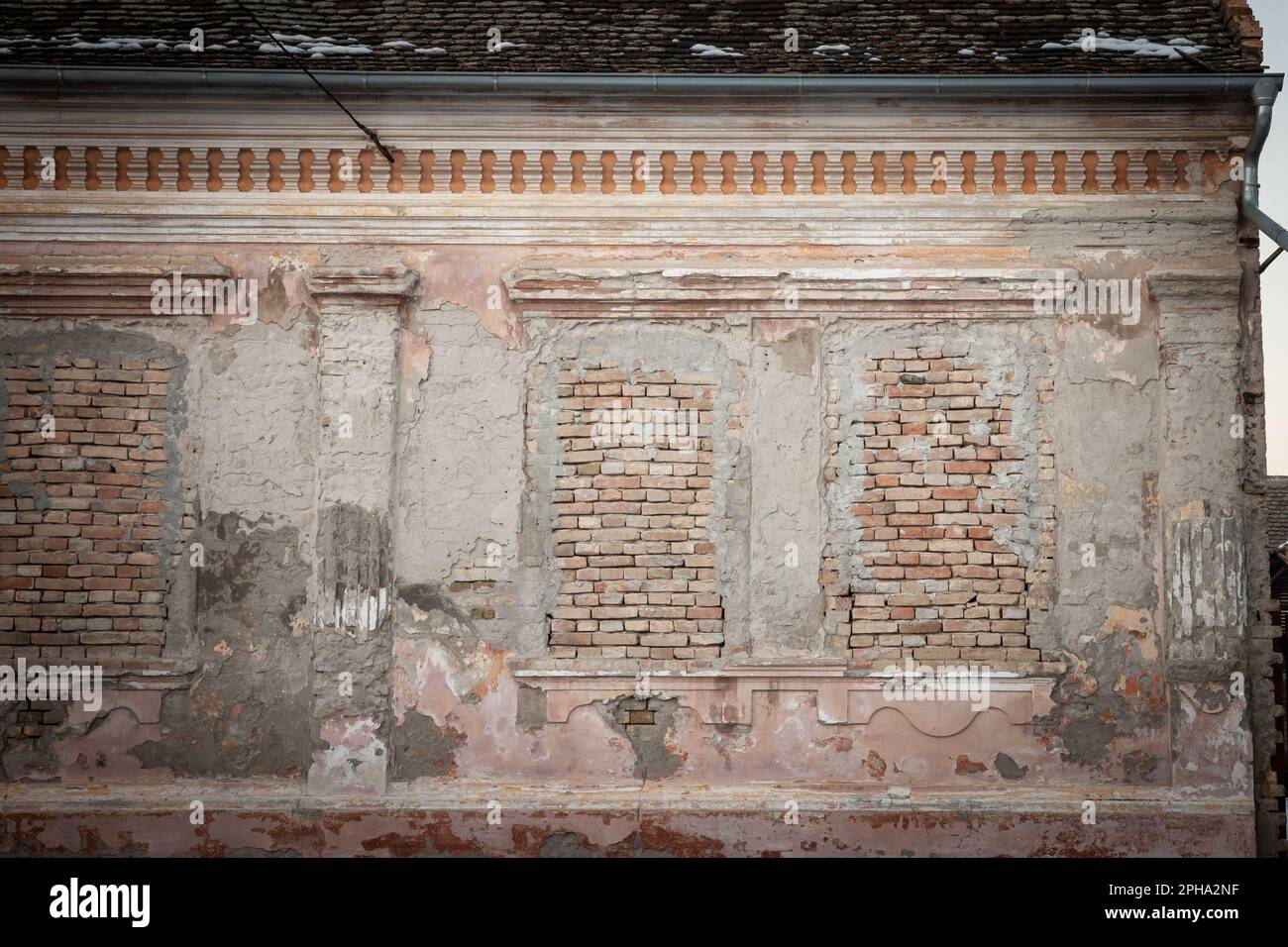 Picture of an abandoned farm in Vojvodina, in Serbia, with the facade of its main house being ...