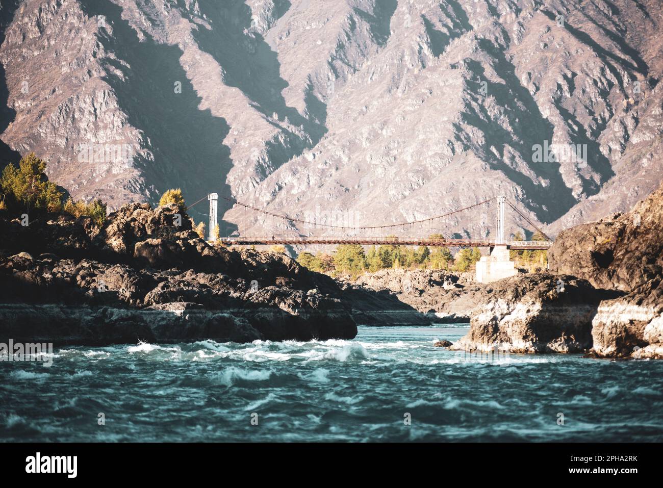 Oroktoysky bridge across the fast mountain river Katun with rapids and ...