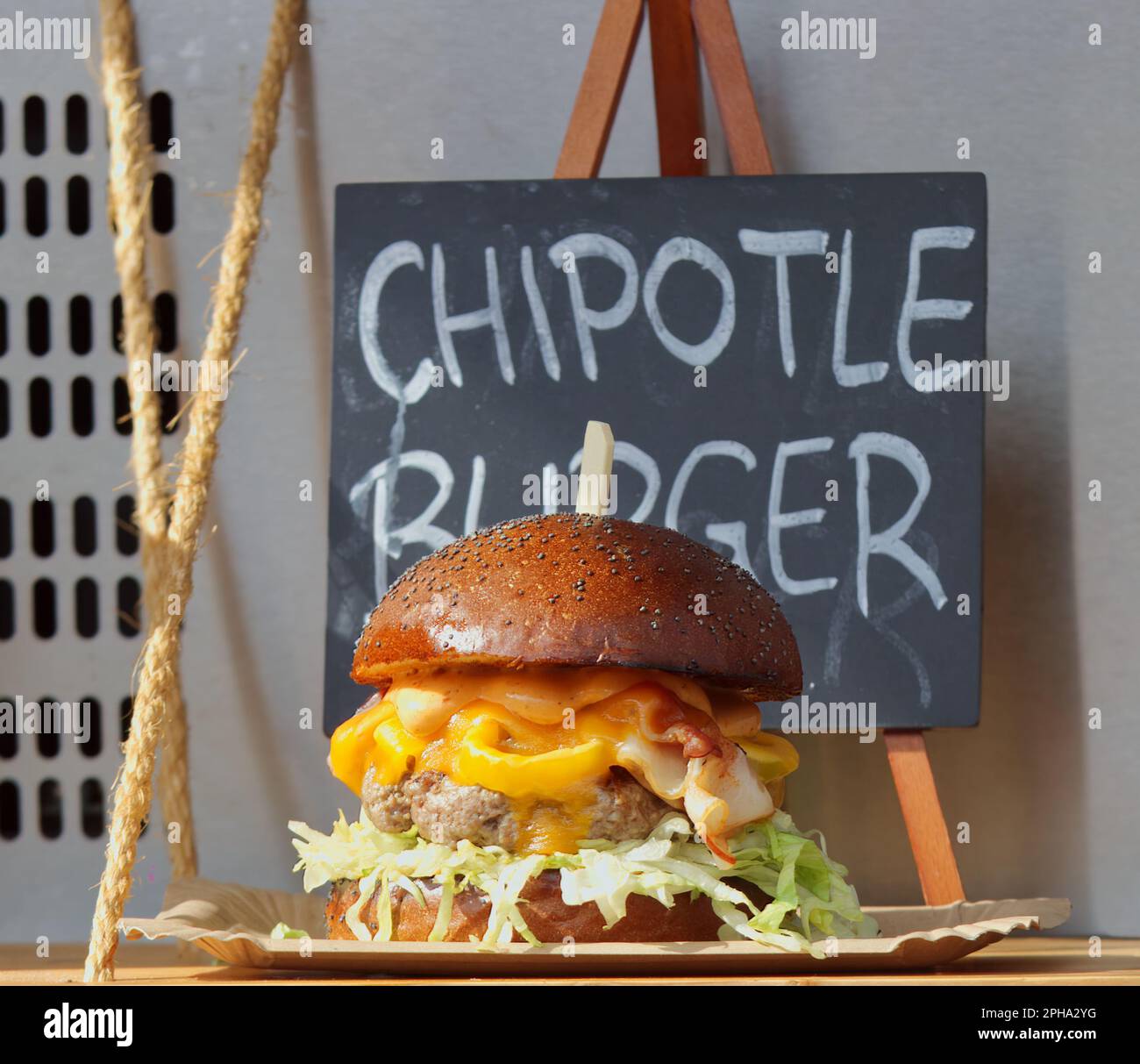 Fresh chipotle burger at the farmers market snack stand in Prague Stock ...