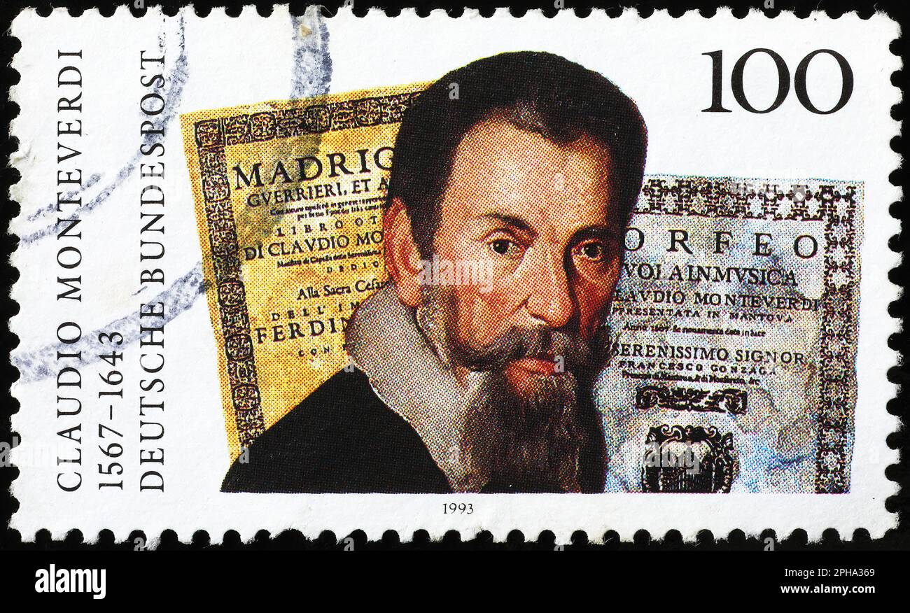 Claudio Monteverdi portrait on german postage stamp Stock Photo - Alamy