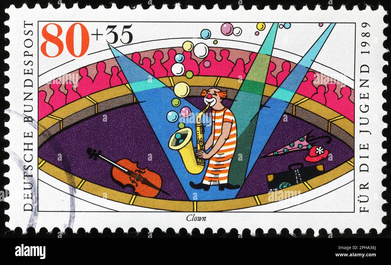 Clown exhibition on german postage stamp Stock Photo - Alamy