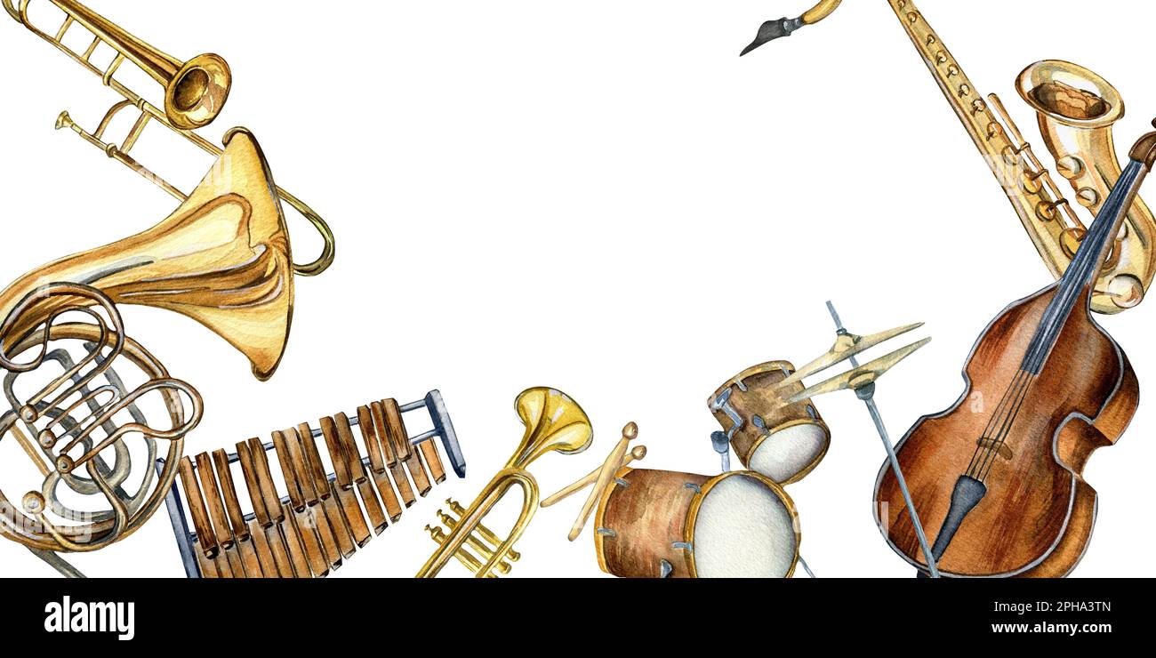 Board of jazz musical instruments, contrabass and horn watercolor ...