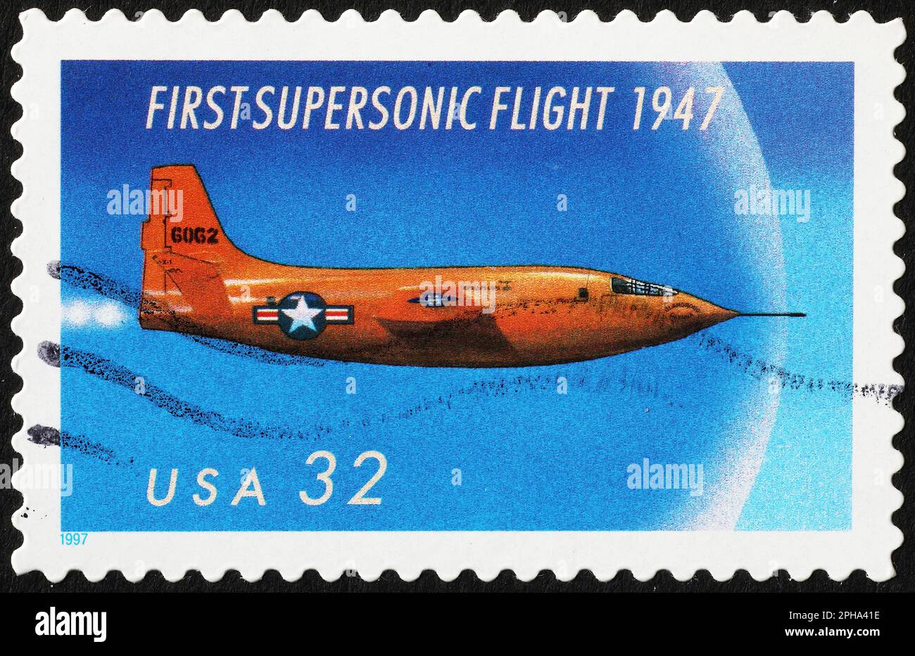 First supersonic flight in 1947 celebrated on postage stamp Stock Photo ...