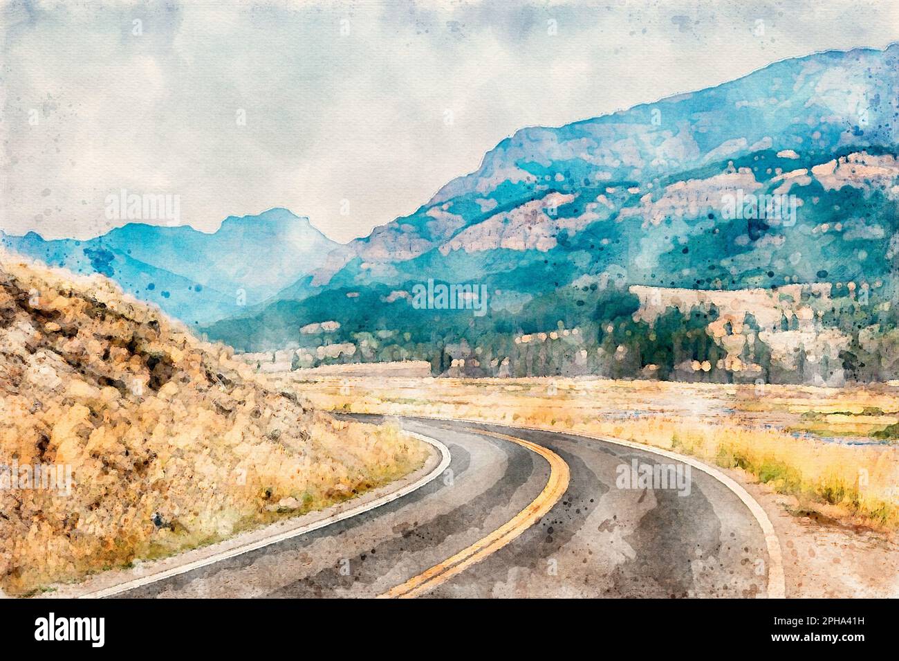Digitally created watercolor painting of a curved paved road in ...