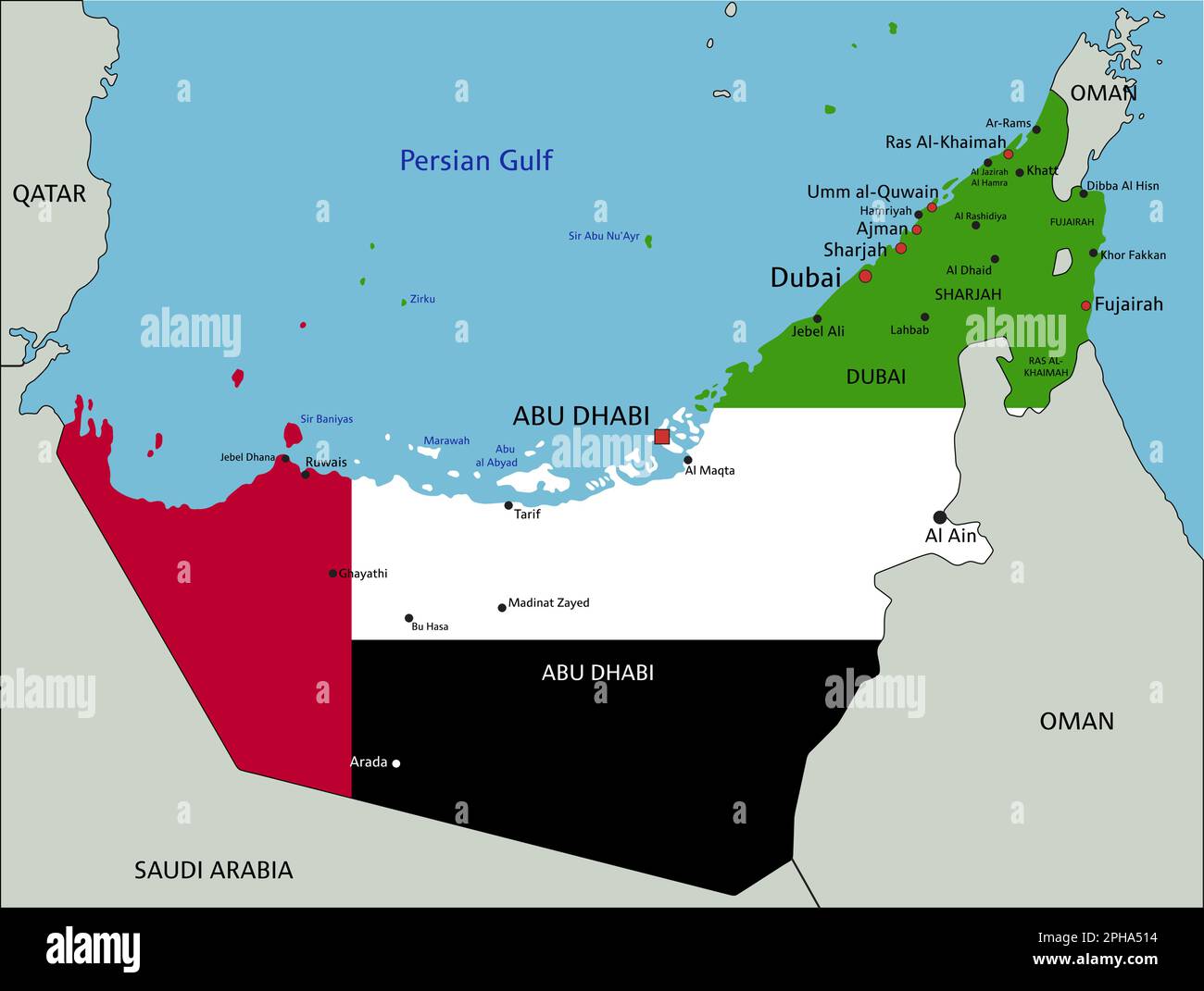United Arab Emirates highly detailed political map with national flag ...