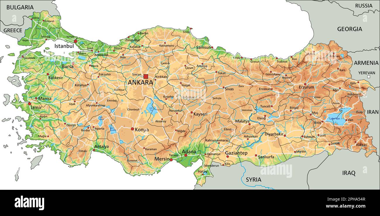 High detailed Turkey physical map with labeling Stock Vector Image ...