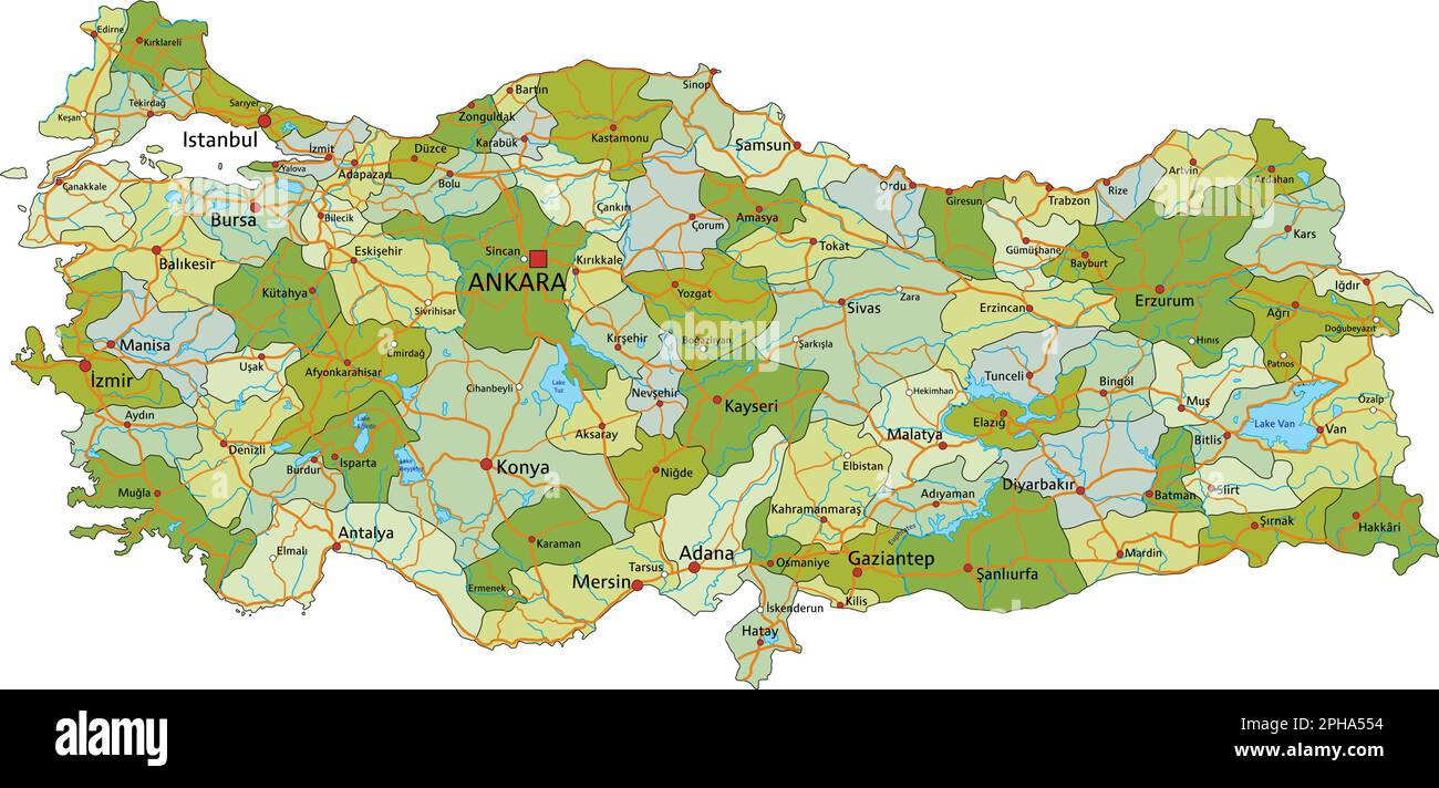 Highly detailed editable political map with separated layers. Turkey ...