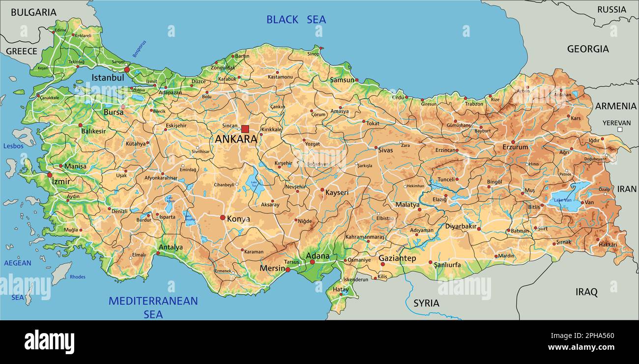 High detailed Turkey physical map with labeling Stock Vector Image ...