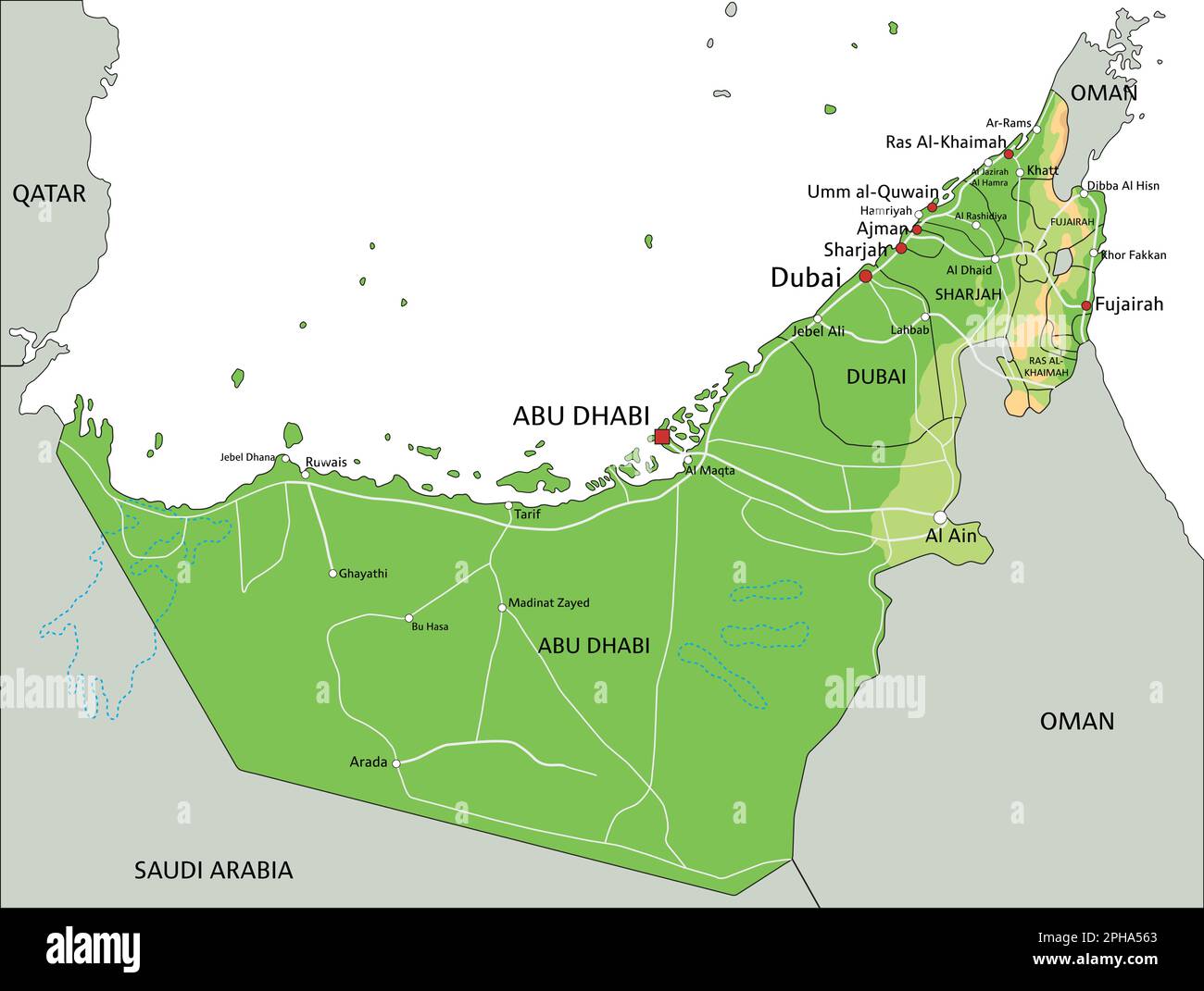 High detailed United Arab Emirates physical map with labeling Stock ...