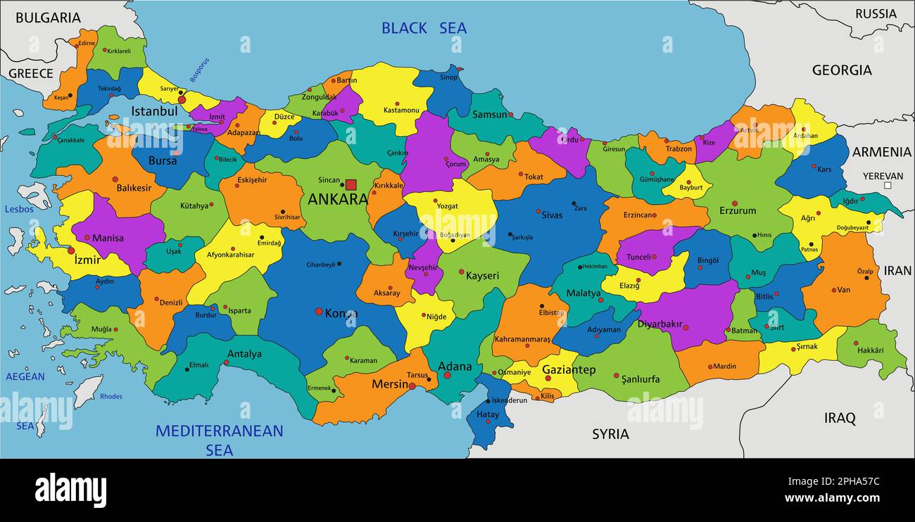 Colorful Turkey political map with clearly labeled, separated layers ...