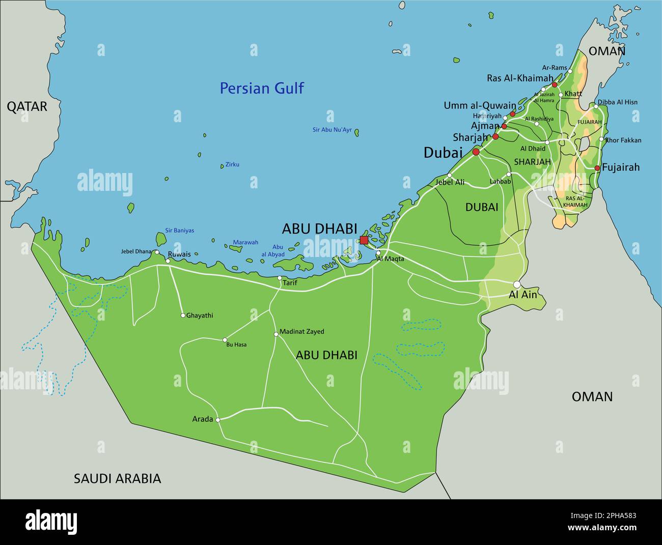 High detailed United Arab Emirates physical map with labeling Stock ...