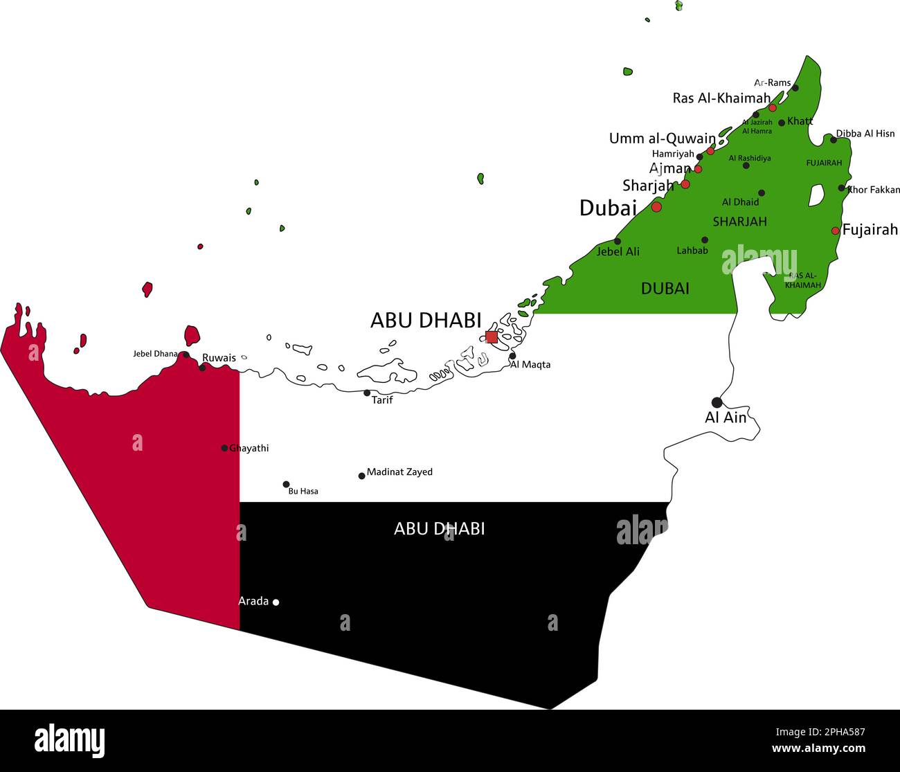 United Arab Emirates Highly Detailed Political Map With National Flag