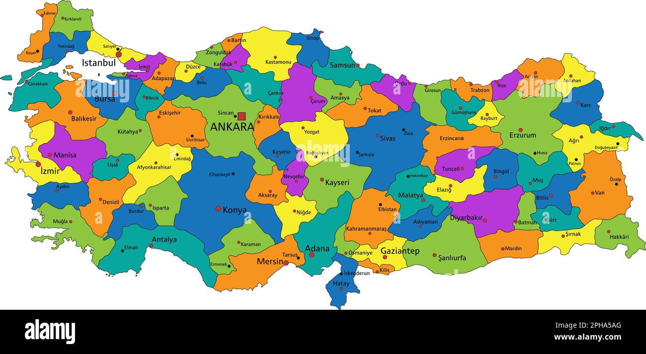 Colorful Turkey political map with clearly labeled, separated layers ...
