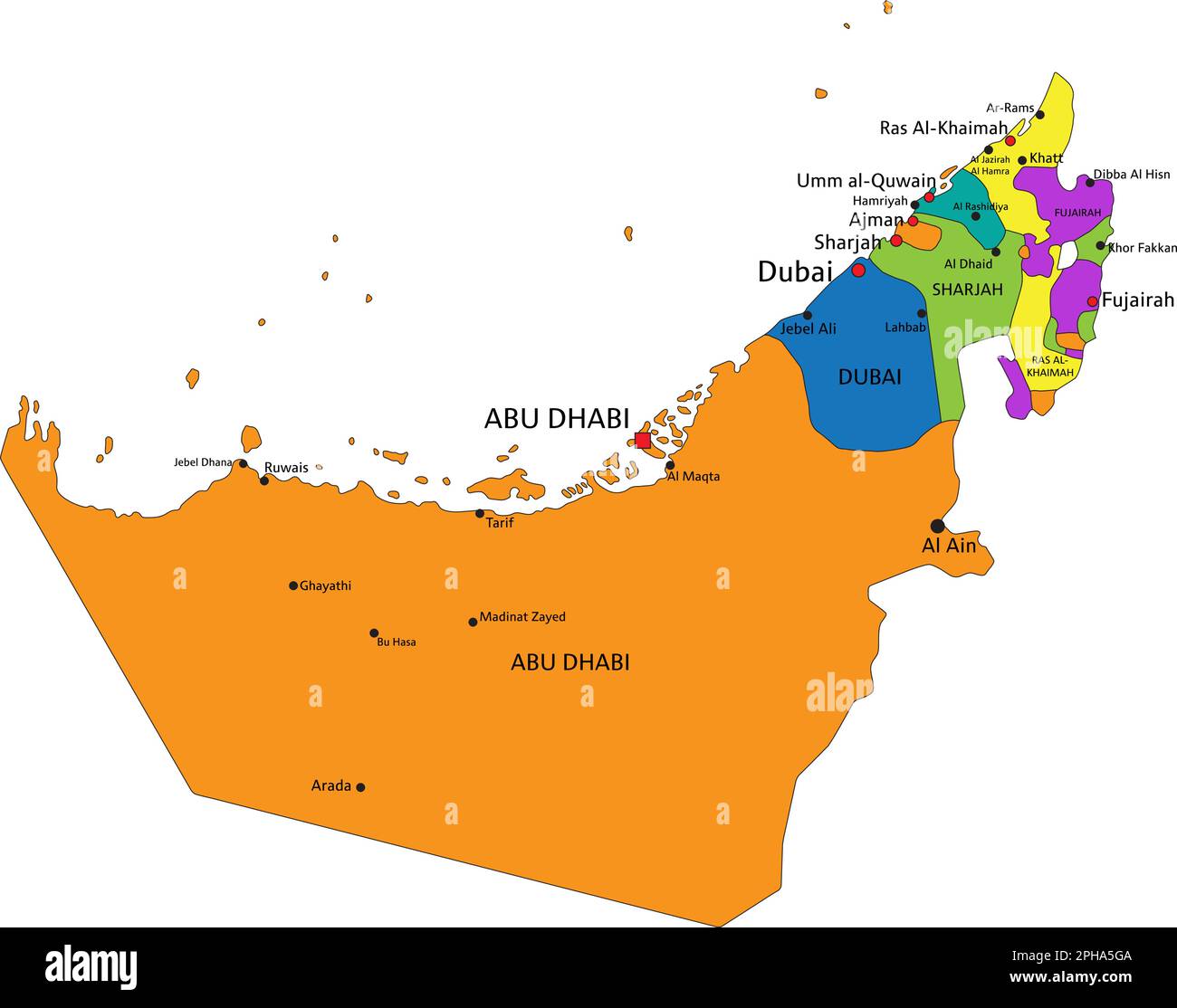 Colorful United Arab Emirates political map with clearly labeled ...