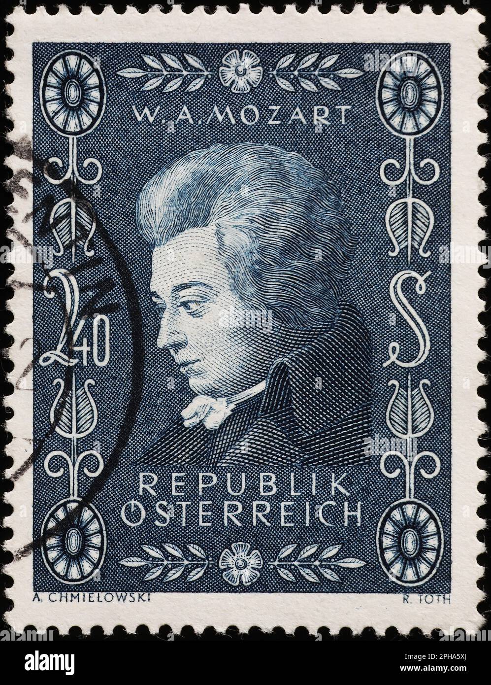 Mozart portrait in ancient austrian stamp Stock Photo - Alamy