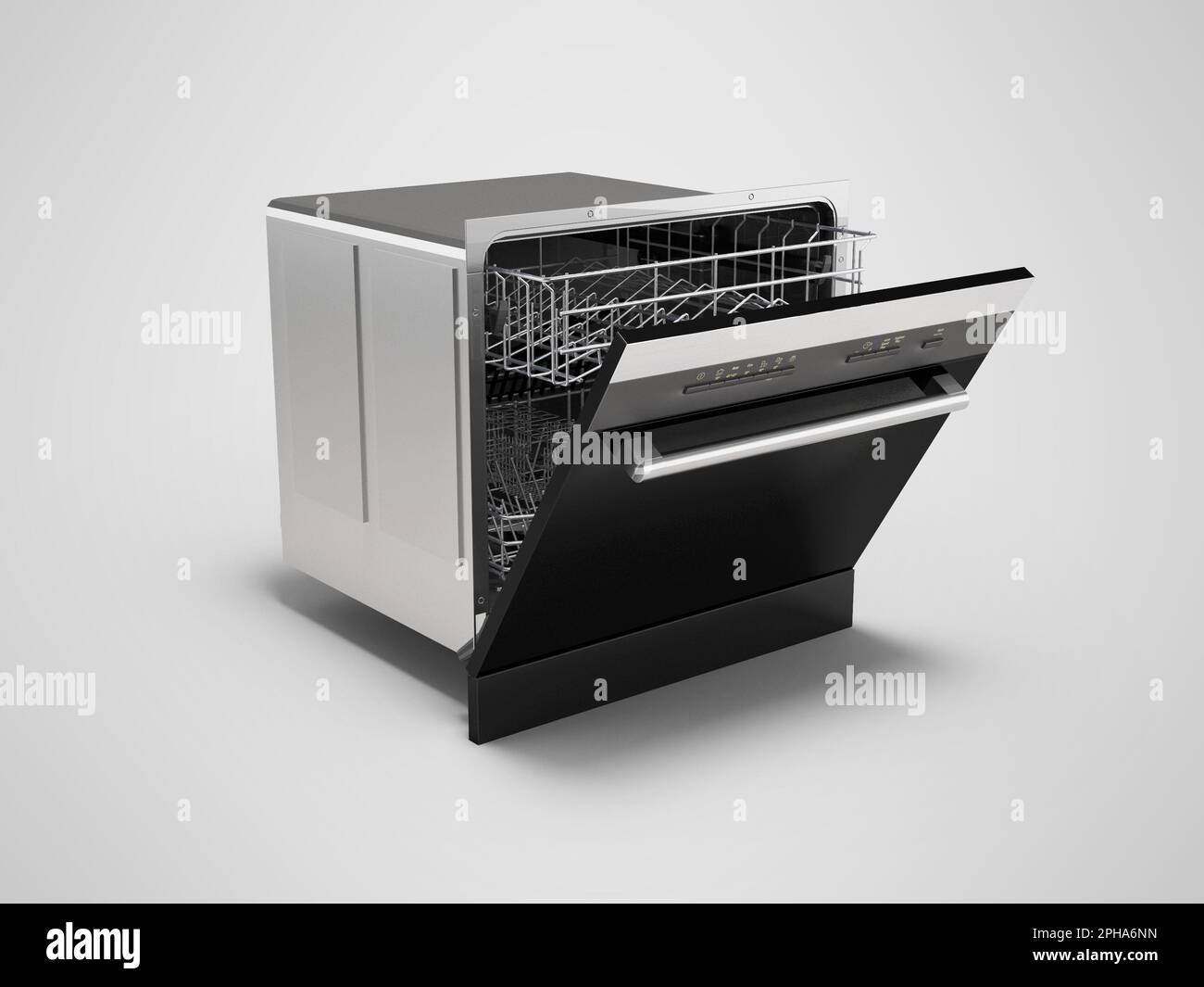 3D illustration of built in electric dishwasher with programs for ...