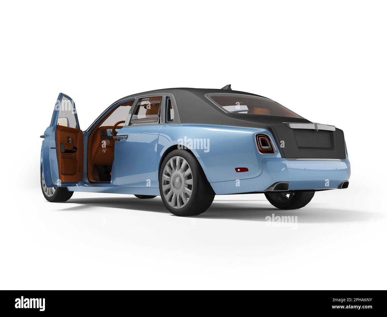 3d illustration of classic electric car open door rear view on white ...