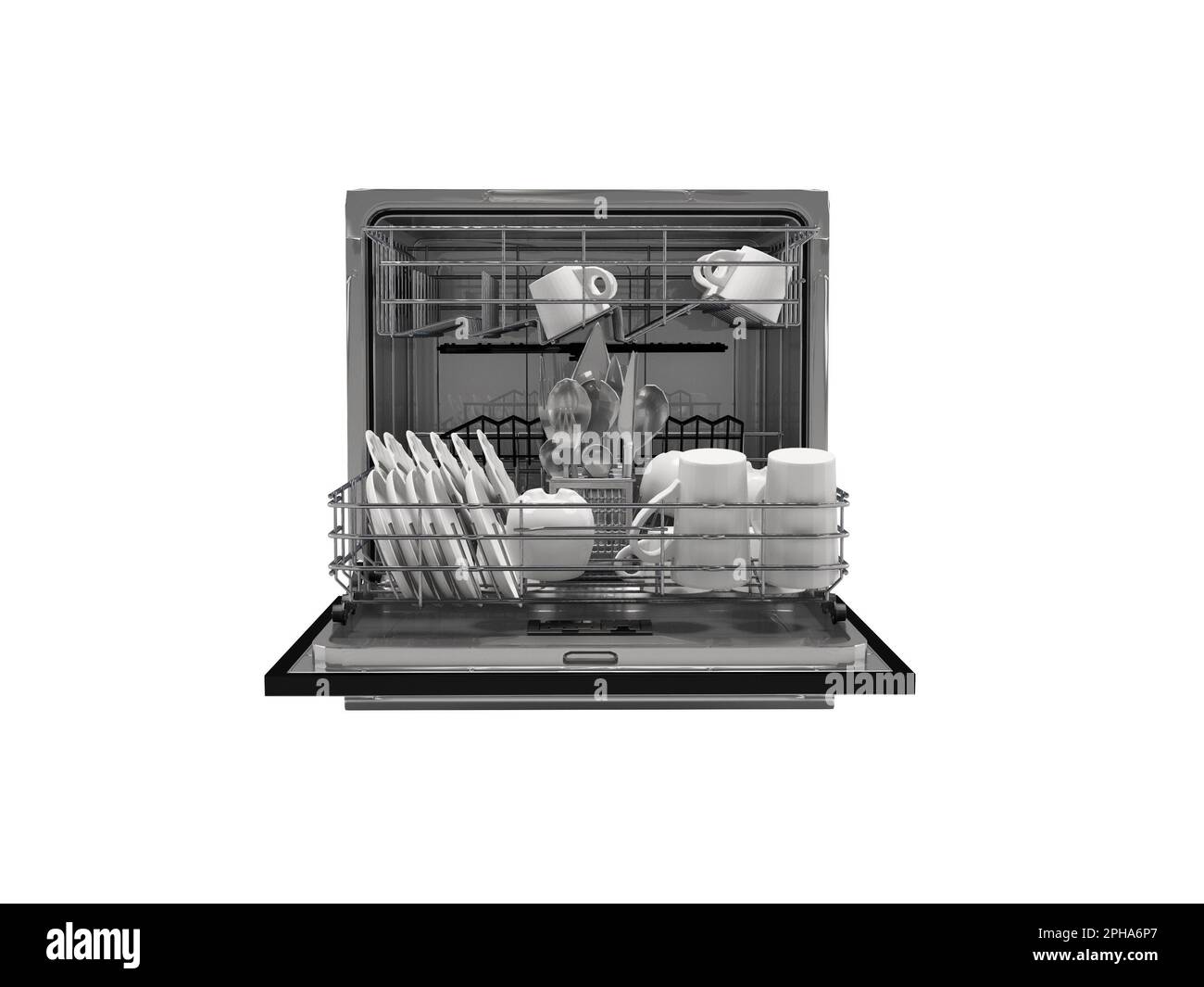 3D illustration of dishwasher with programs with dishes open front view ...