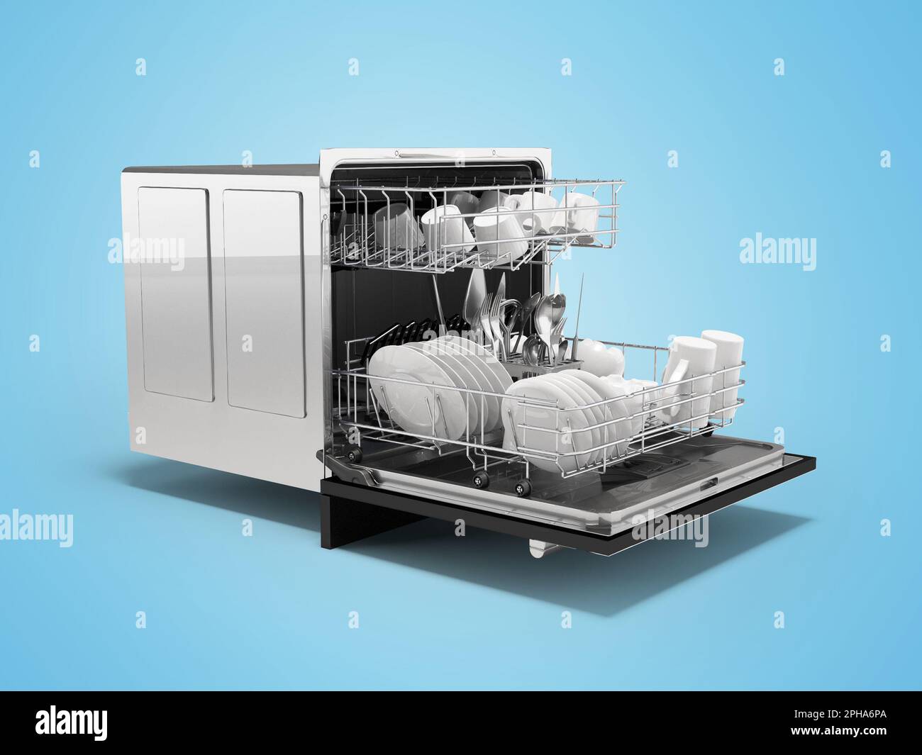 3D illustration of dishwasher with programs with dishes open on blue ...