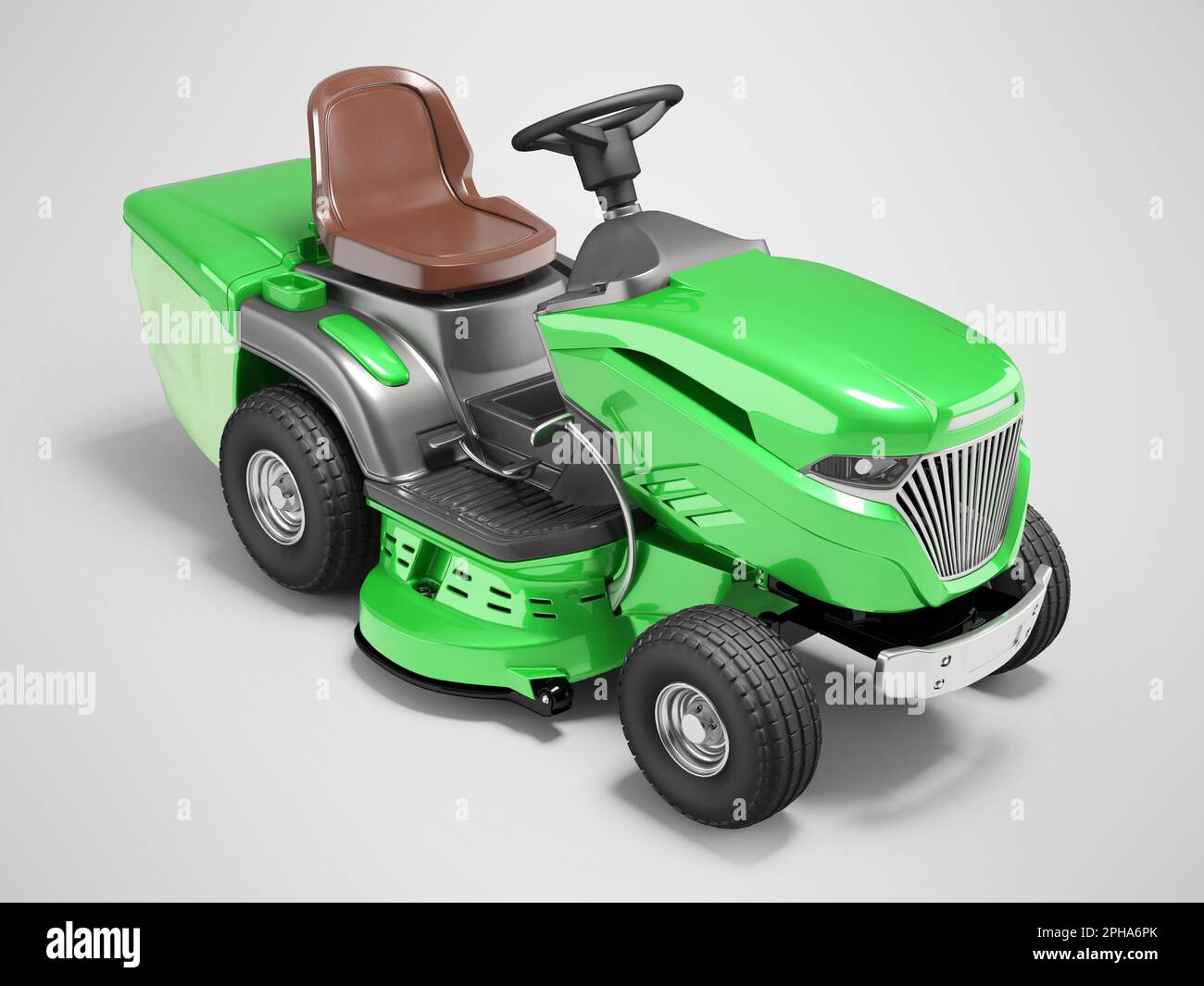 3d illustration of green garden tractor lawnmower with container for ...