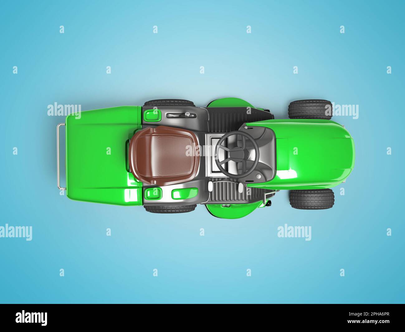 3d illustration of green lawn mowing tractor top view on blue ...
