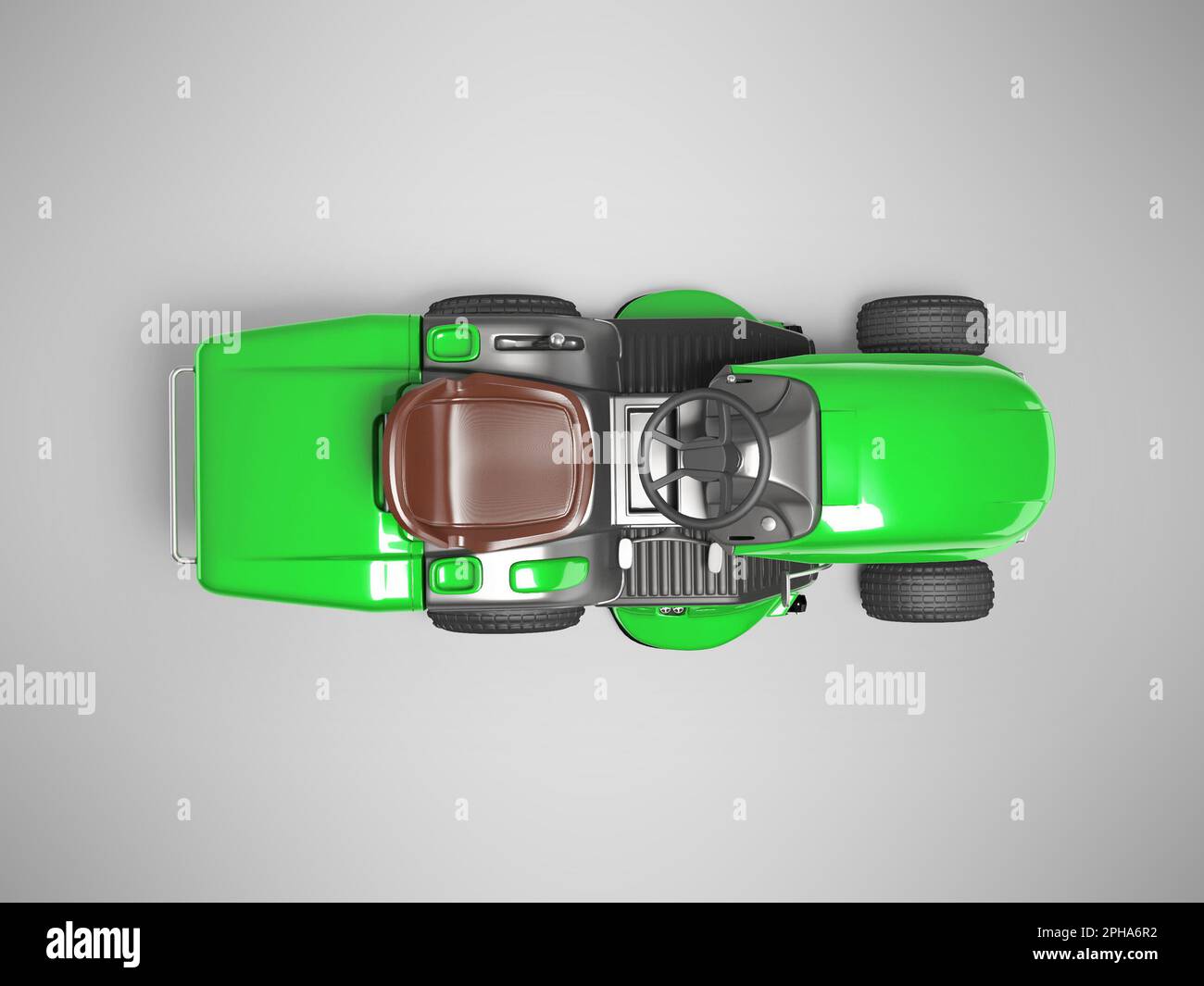 3d illustration of green lawn mowing tractor top view on gray ...