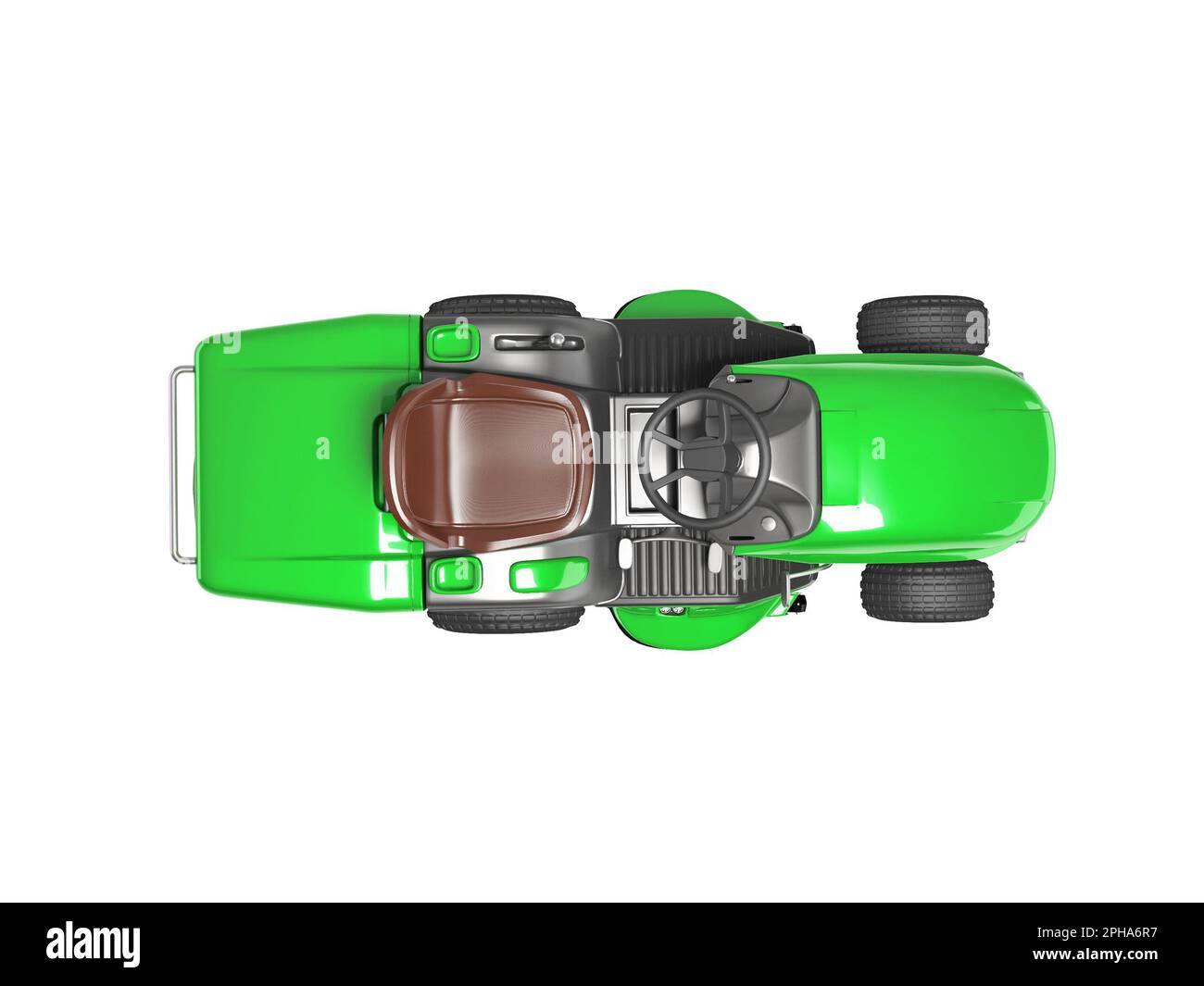 3d illustration of green lawn mowing tractor top view on white ...