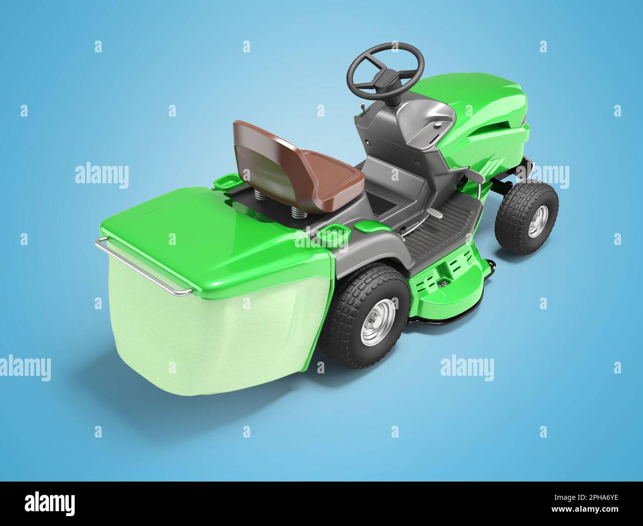 3d illustration of green tractor for mowing the lawn with container for ...