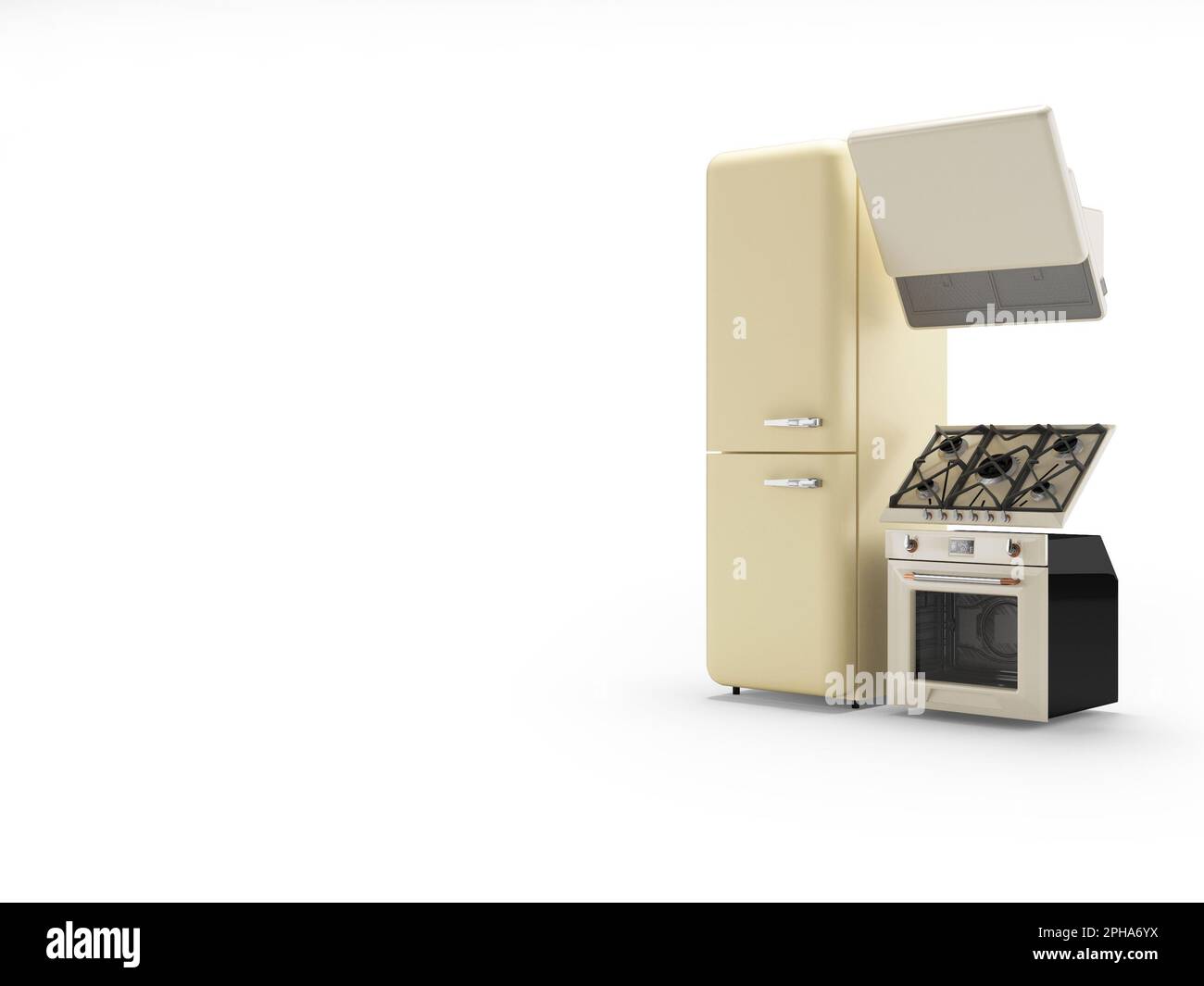 3d illustration of group of household appliances, refrigerator, gas ...