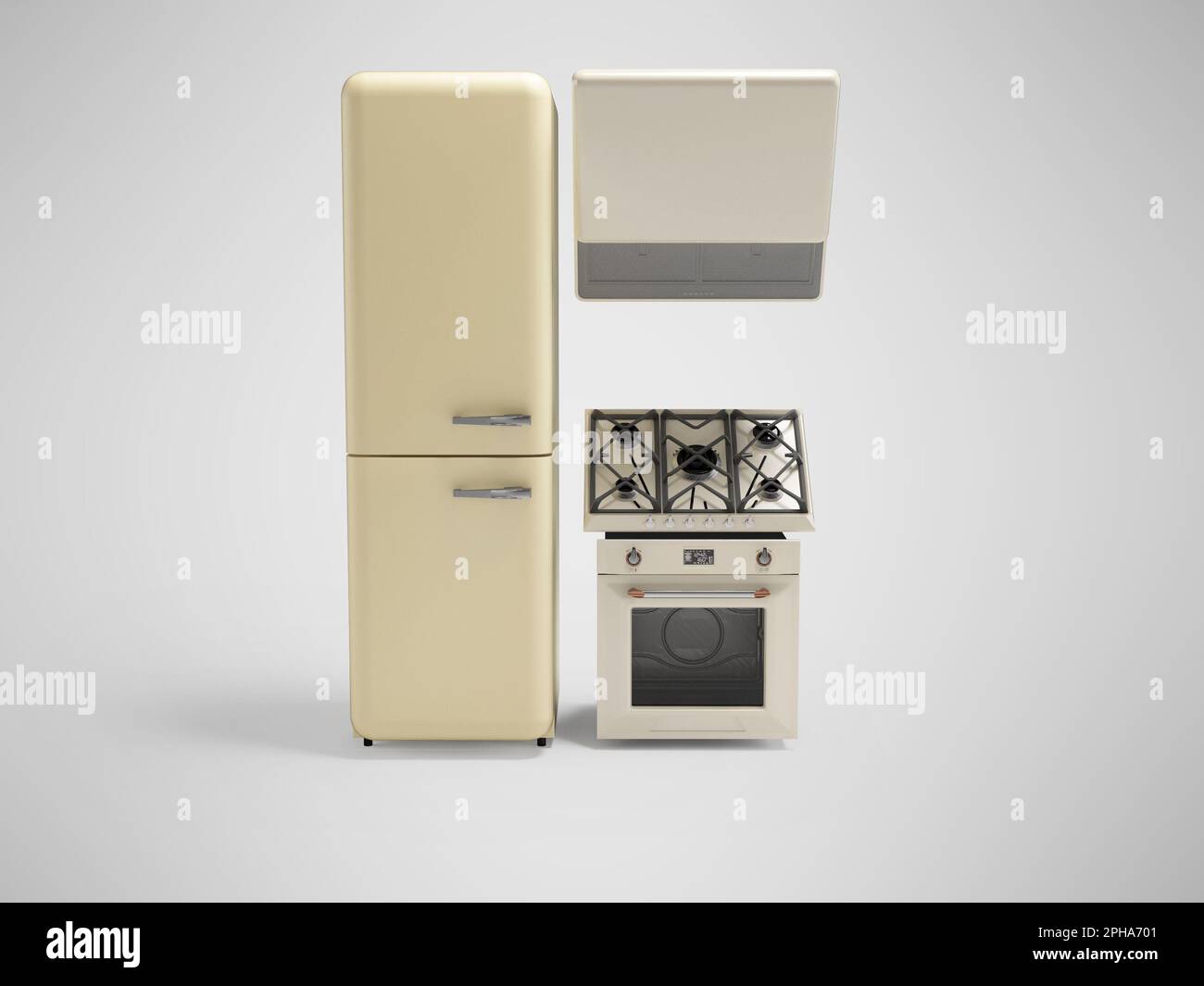 3D illustration of group of large kitchen appliances for the home on ...
