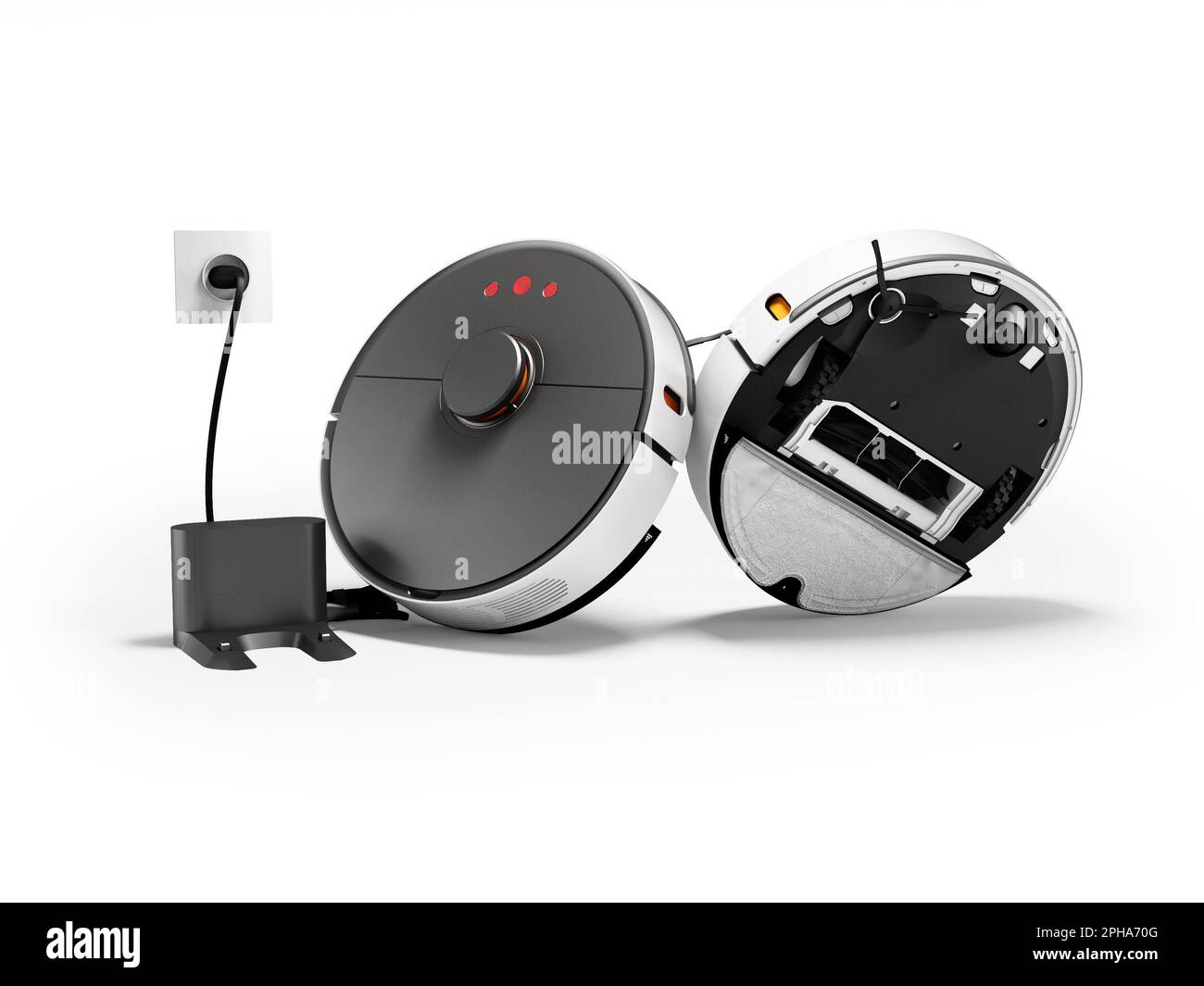 3d illustration of group of robot vacuum cleaners for dry and wet ...