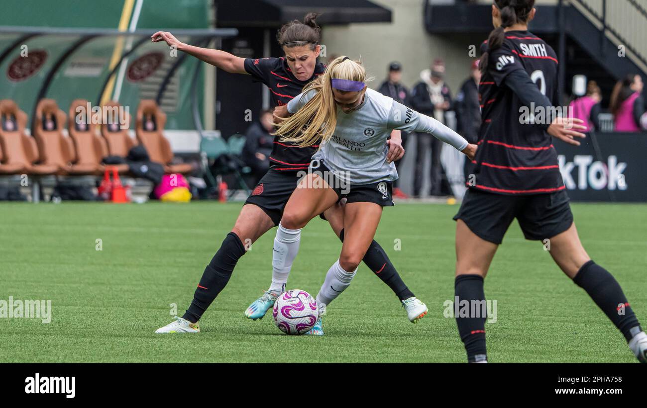Portland, USA. 26th Mar, 2023. Orlando's Mikayla Cluff wards off ...