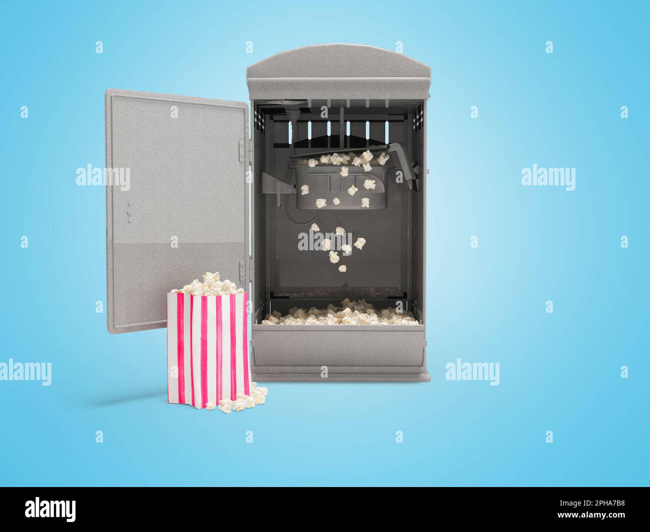3D illustration of popcorn machine with kettle with bag of popcorn on ...