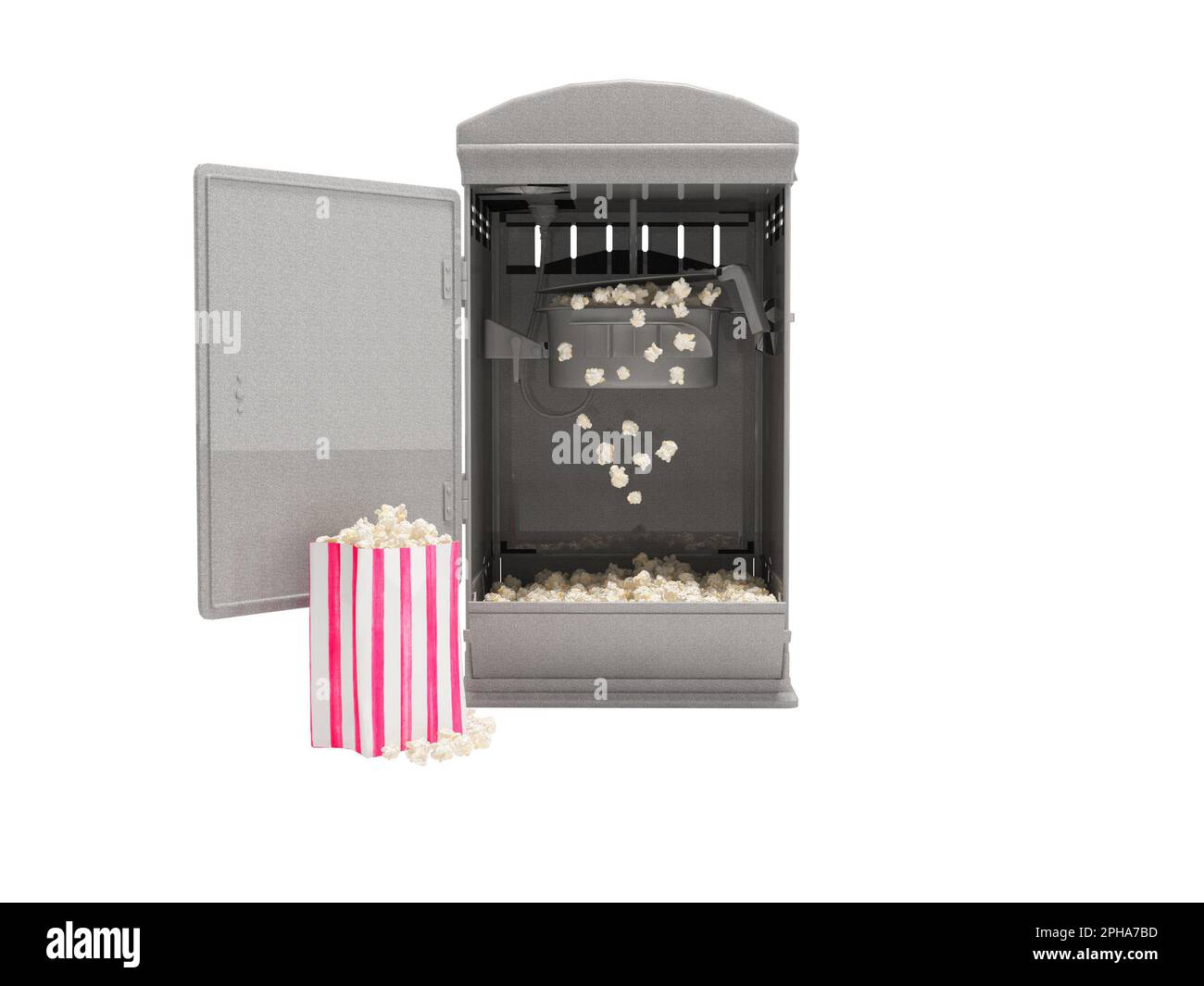 3D illustration of popcorn machine with kettle with bag of popcorn on ...