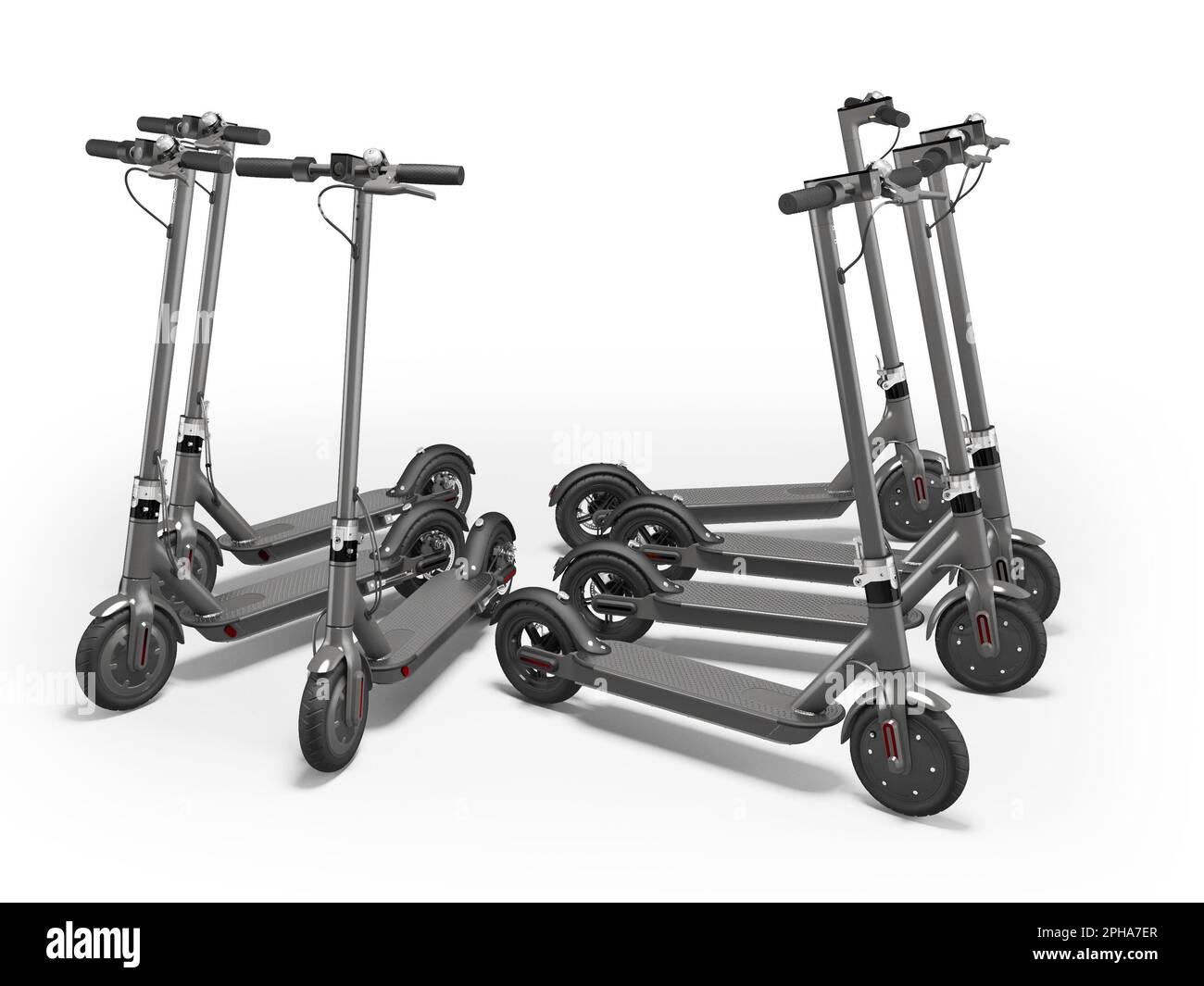 3d illustration of set of modern new electric scooters on white ...