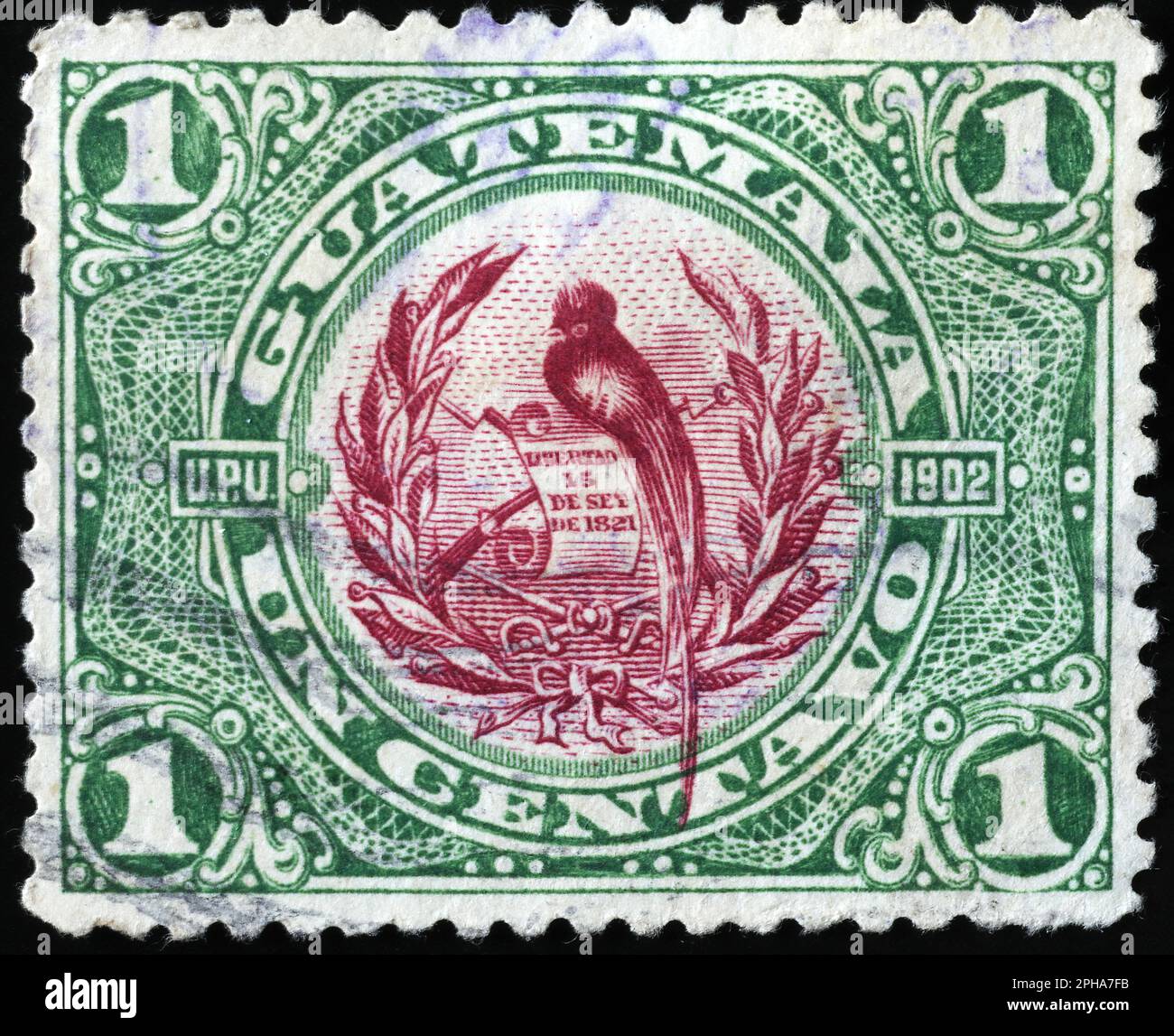 Resplendent quetzal, bird symbol of Guatemala, on ancient stamp Stock ...