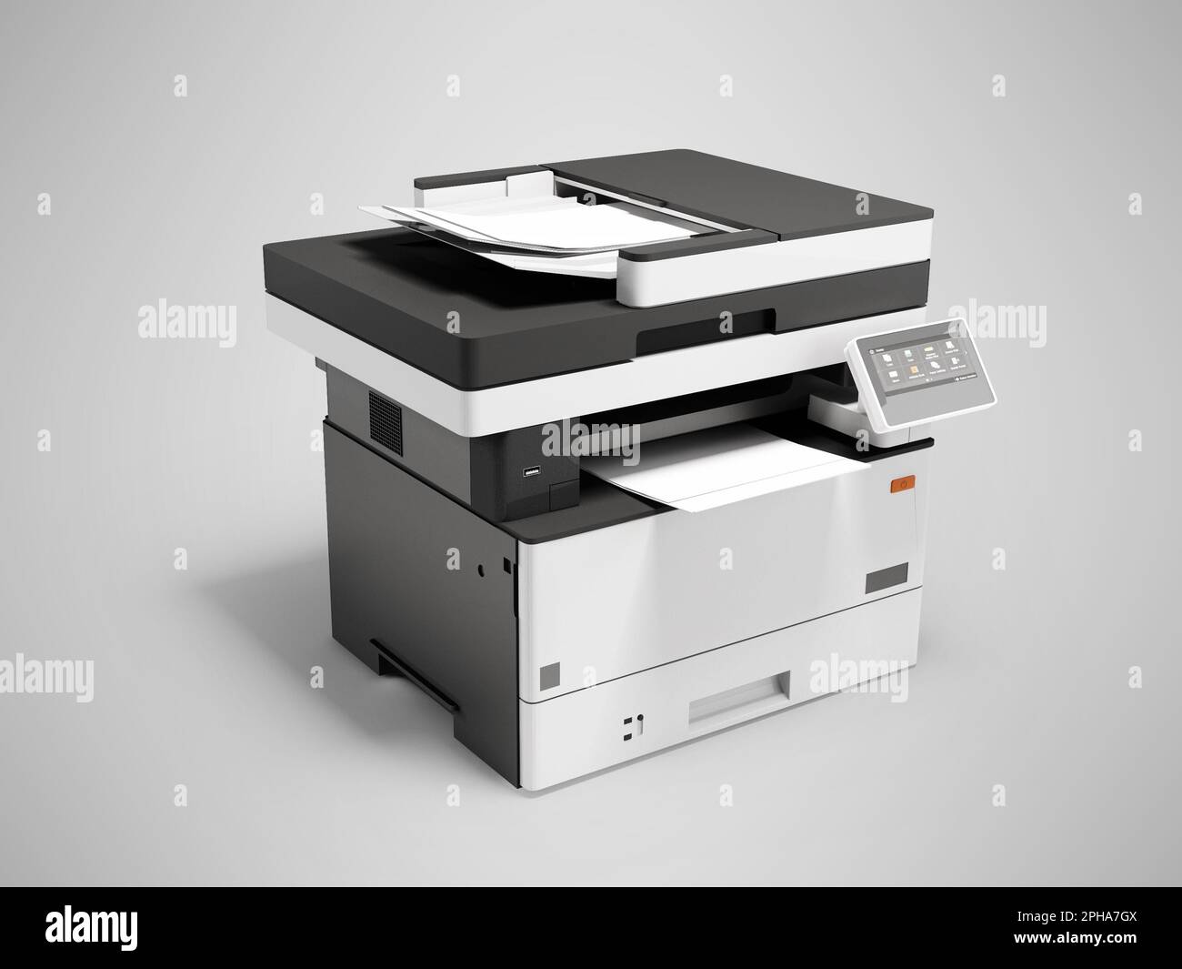 3D illustration of universal compact printer scanner on gray background ...