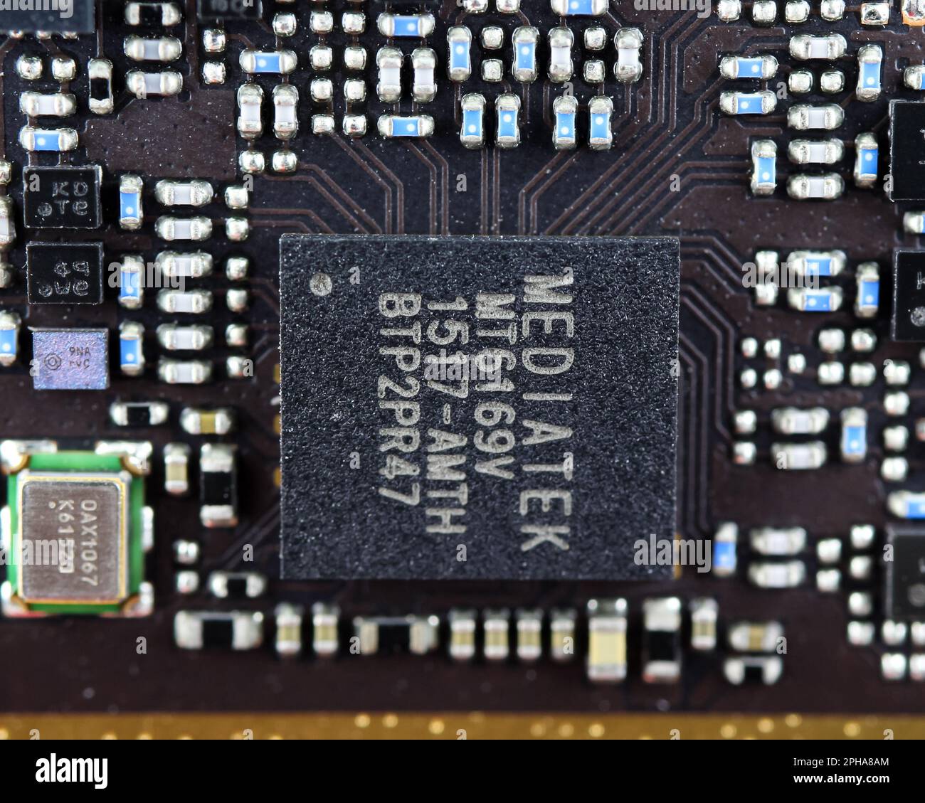 A close-up image of a modern electronic device with a motherboard and ...