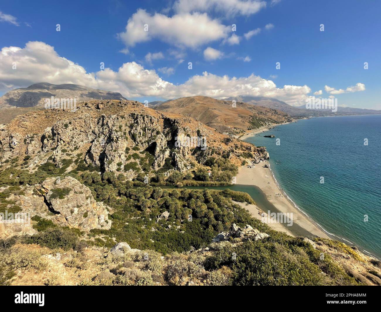 Preveli palm beach and river landscape with mountains on Crete island ...