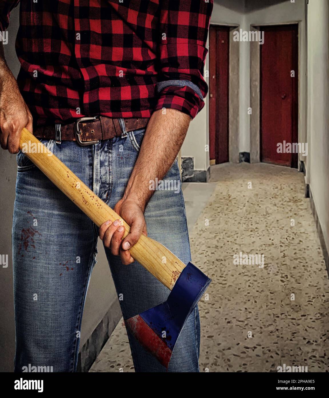 Murderer with a bloodstained ax in a corridor of an apartment building ...