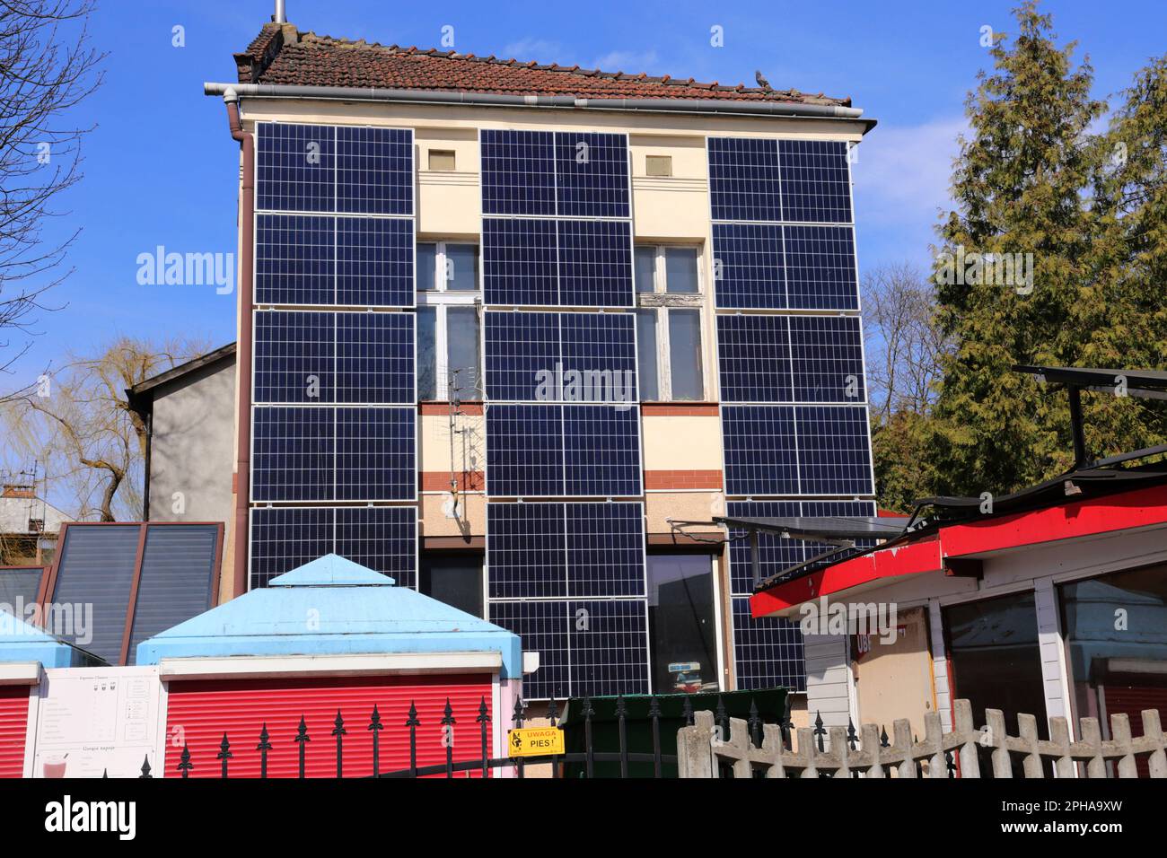 Cracow. Krakow. Poland. Solar panels placed on the wall of a building ...