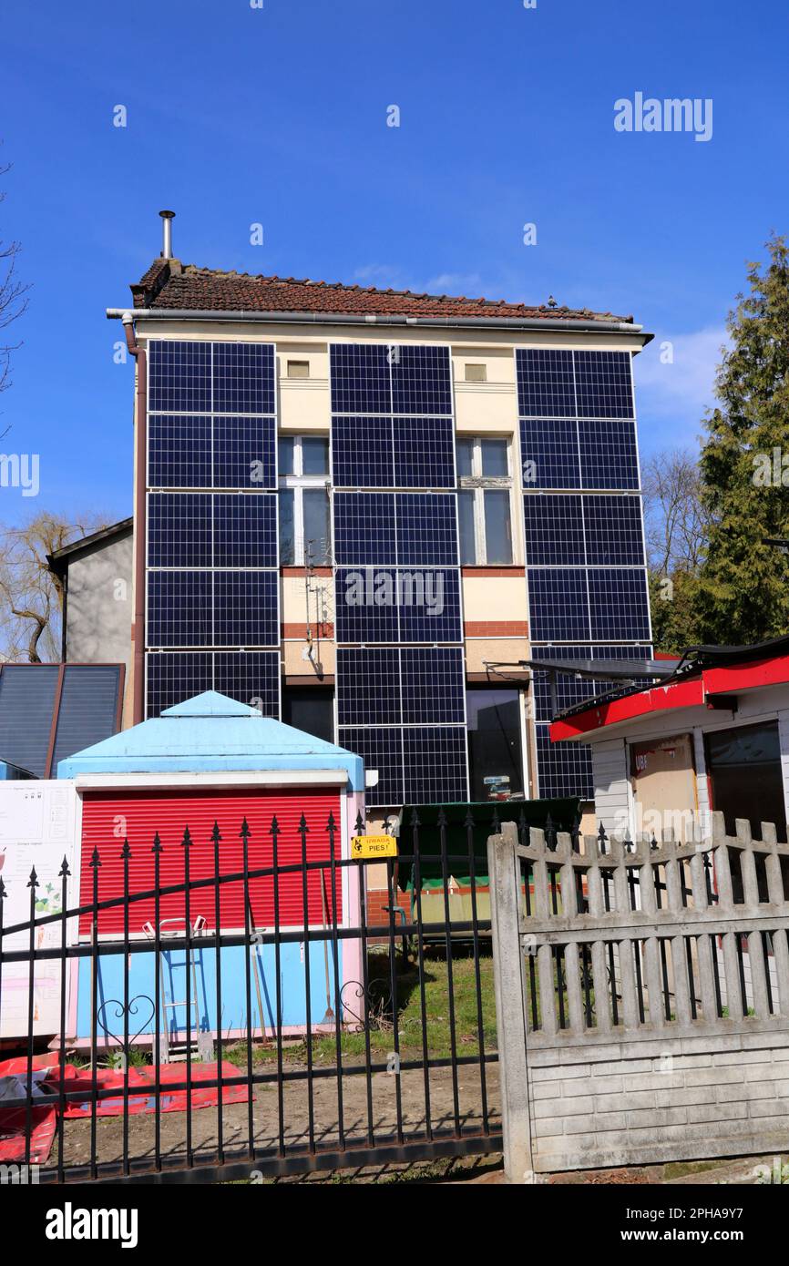 Cracow. Krakow. Poland. Solar panels placed on the wall of a building ...