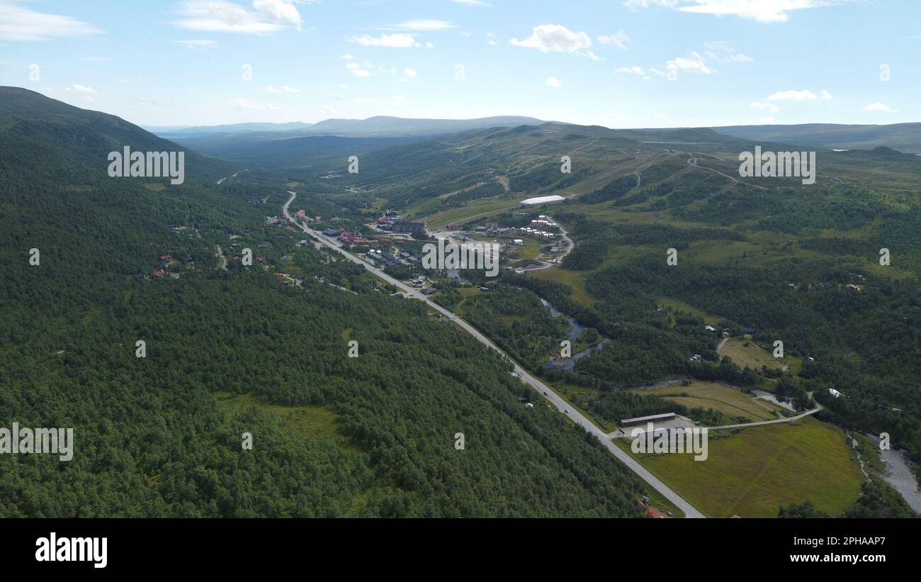 An aerial view of a highway among rolling hills and lush valleys Stock ...