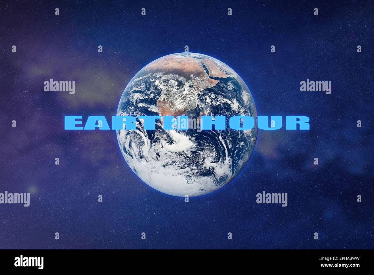 Earth planet in outer space with sign EARTH HOUR. Save the environment ...