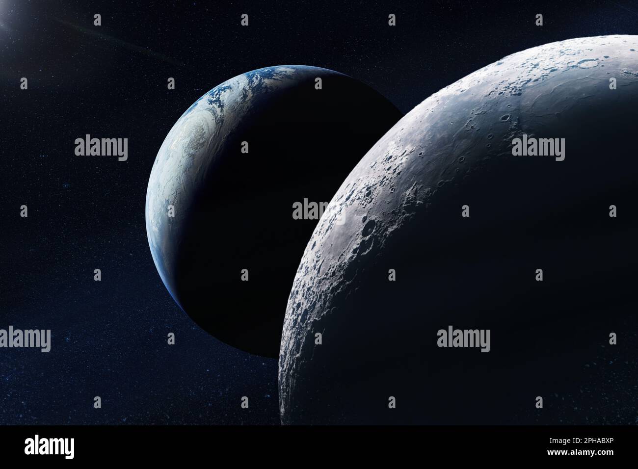 Moon surface view from outer space with Earth planet. Moonlight in dark ...